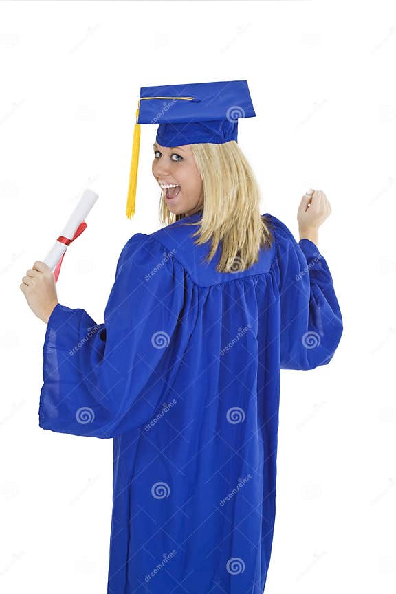 Beautiful Caucasian Woman Wearing a Blue Graduation Gown Holding ...