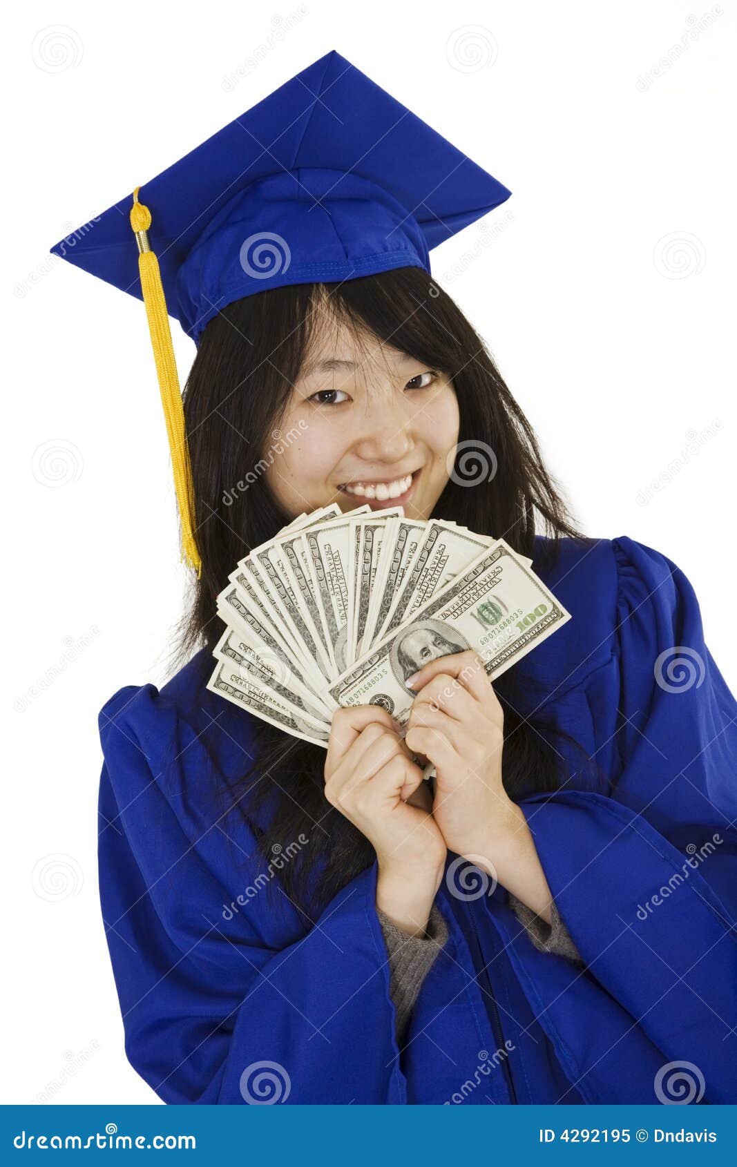 Asian Teenage in Blue Graduation Gown Holding US Money Stock Image ...