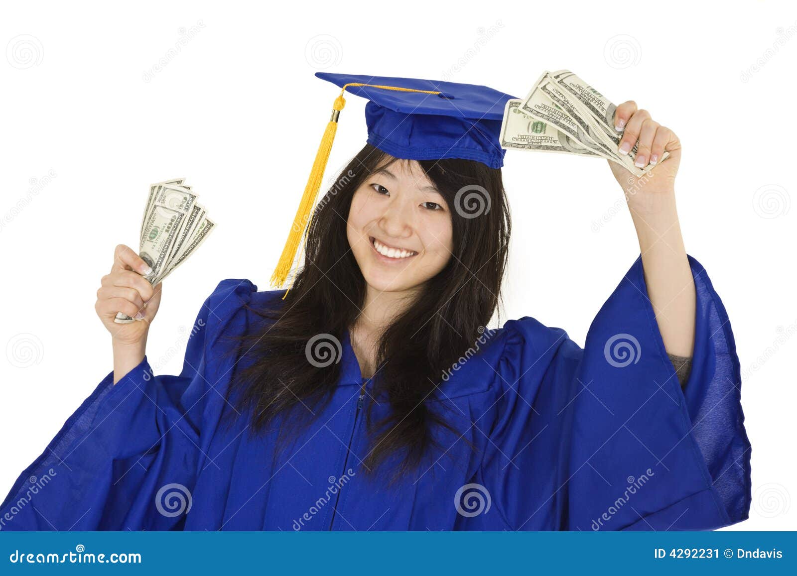 Asian Teenage in Blue Graduation Gown Holding US Money Stock Image ...