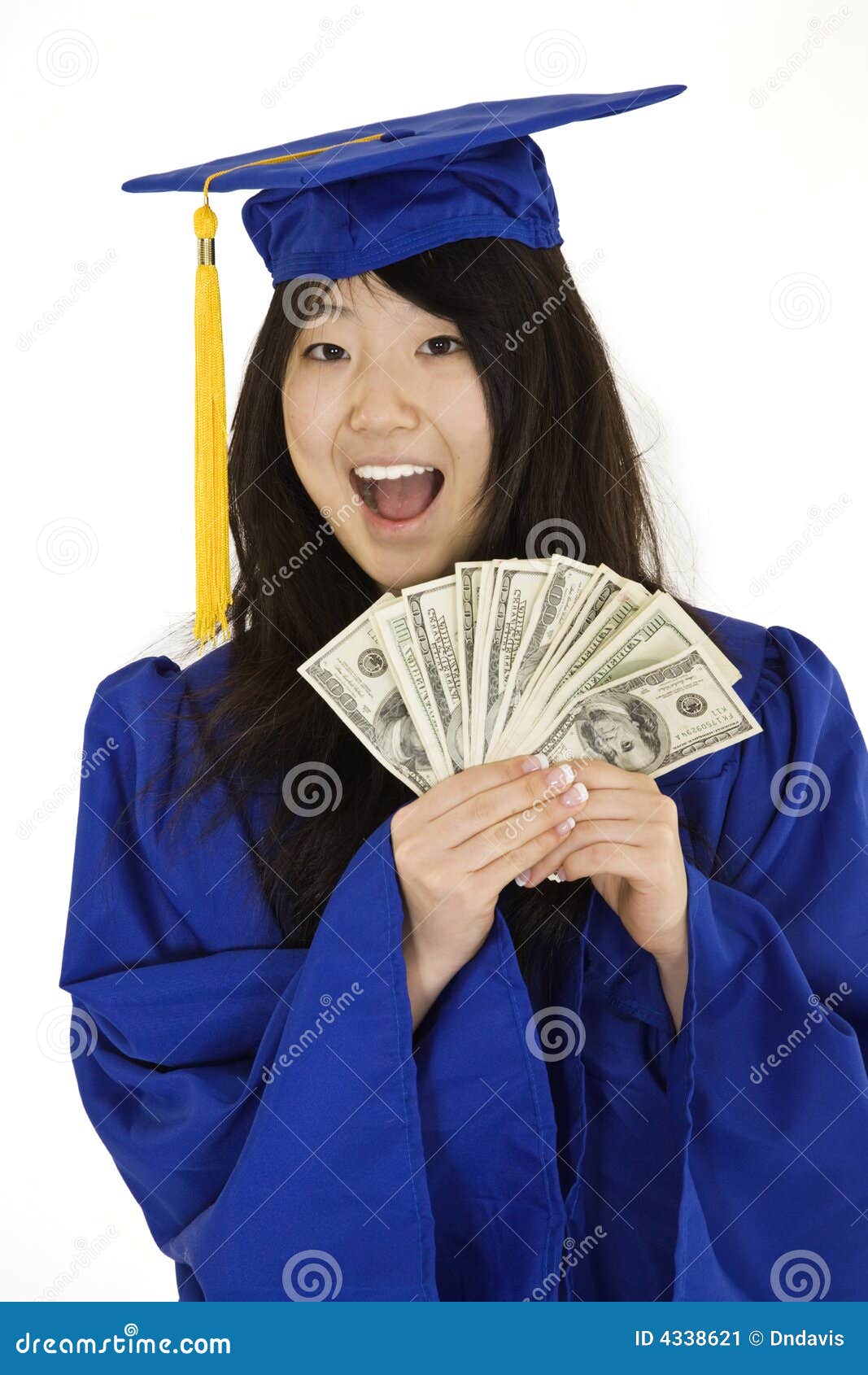 Asian Teenage in Blue Graduation Gown Holding US Money Stock Image ...
