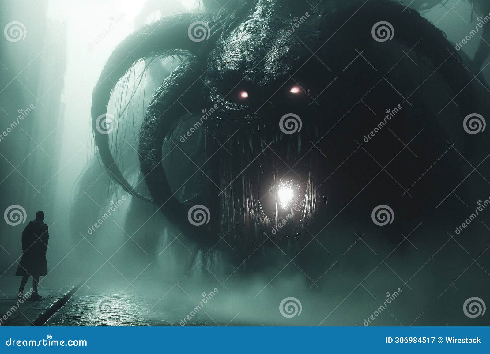 Gargantuan Beast Encountering a Human in Fog, AI-generated. Stock Image ...