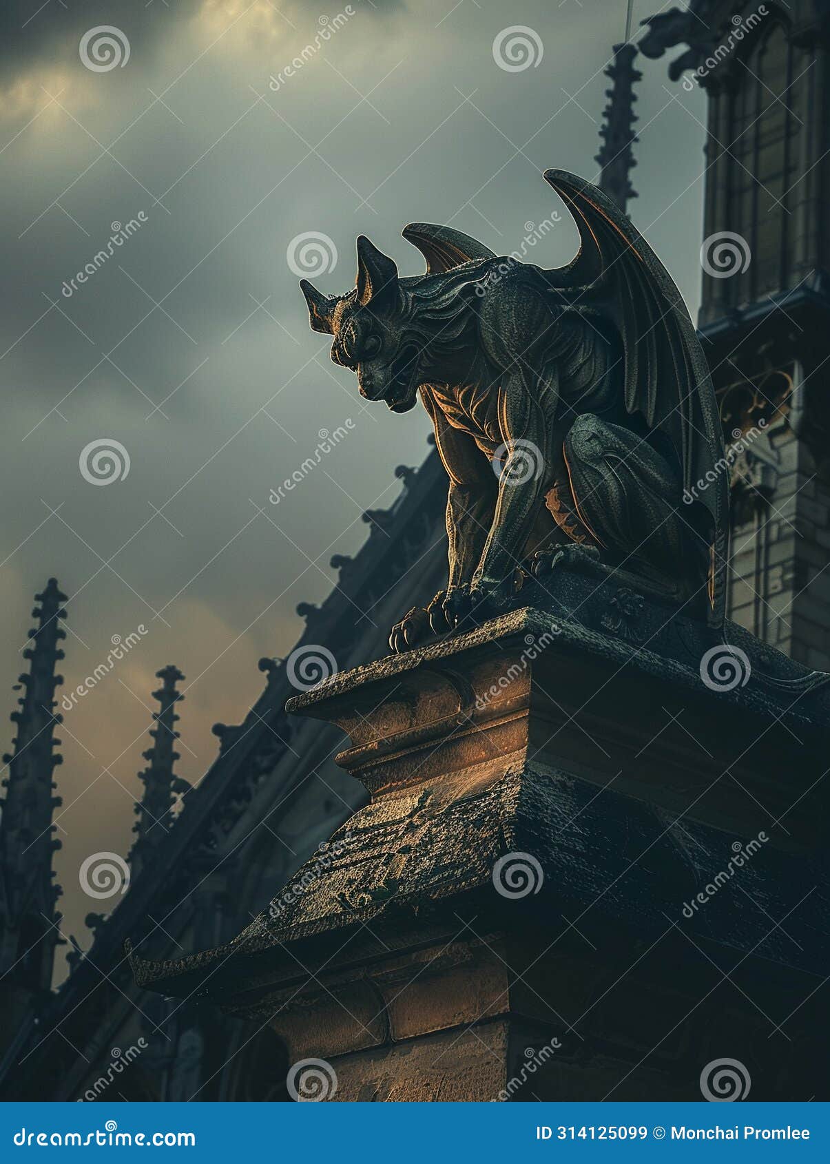 A Gargoyle Perched Atop A Tower Ominous Eyes Glaring Down At The Viewer ... A Gargoyle Perched Atop A Tower Ominous Eyes Glaring Down At The Viewer ...