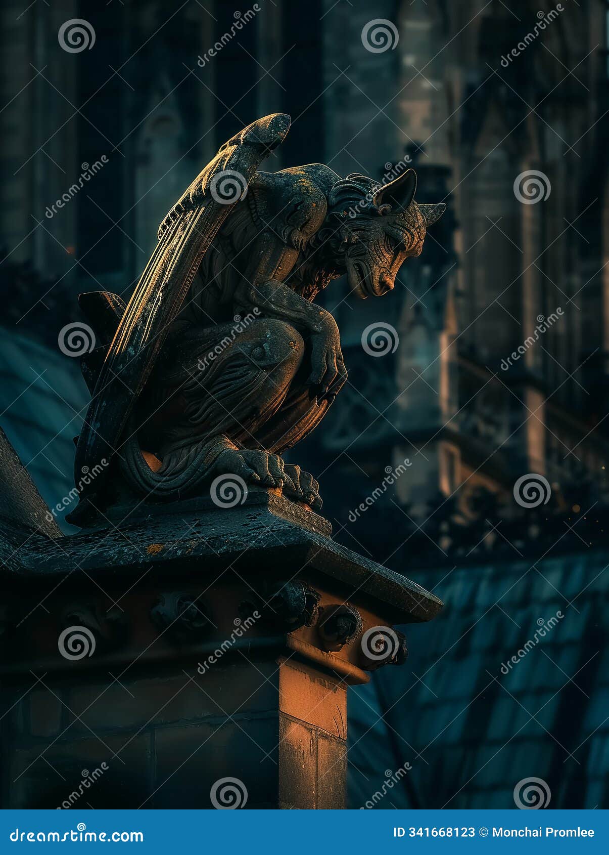 Gargoyle Perched Atop Gothic Structure, Showcasing Intricate Details ...