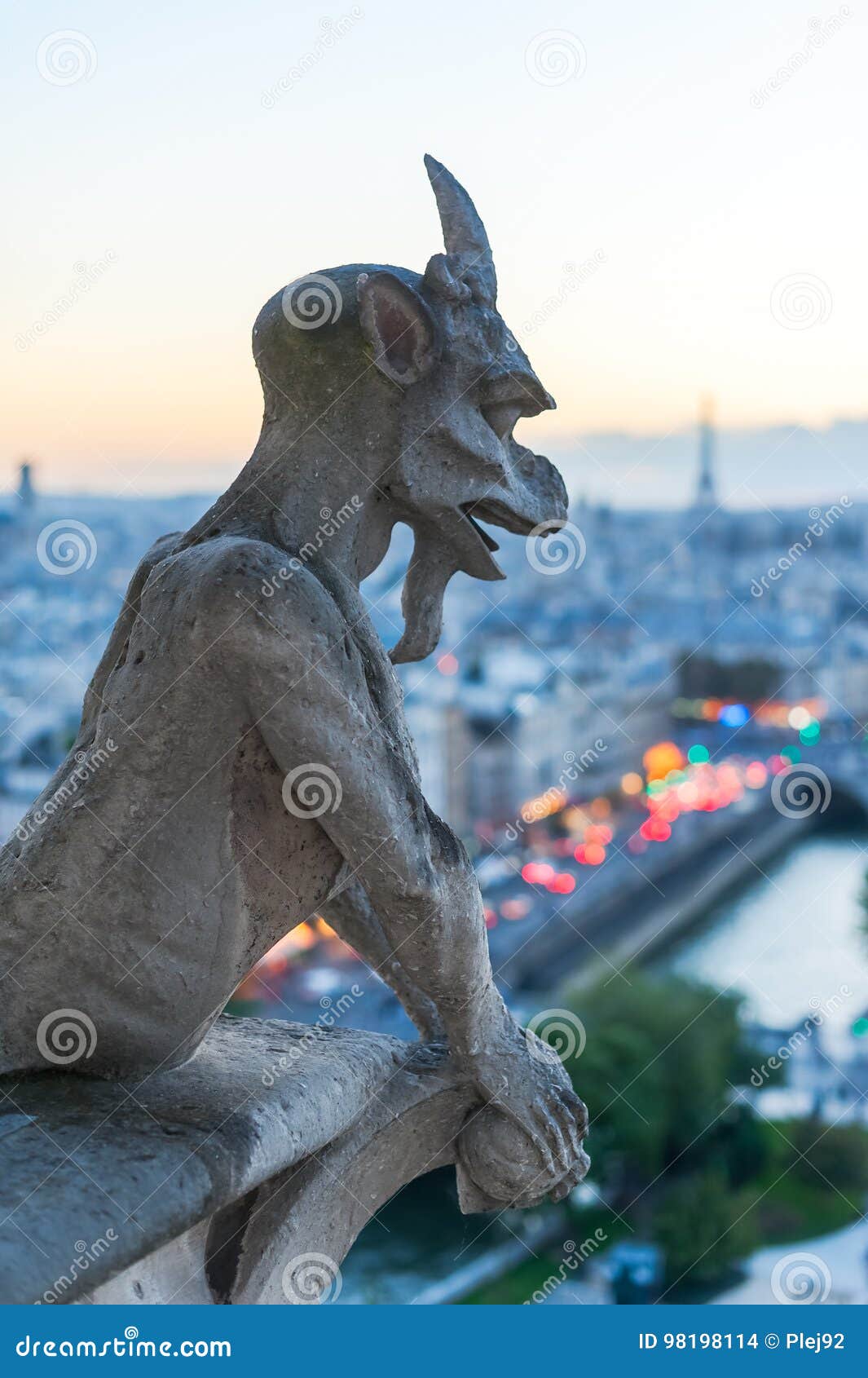 Gargoyle Watching Eiffel Tower and Paris at Dusk Stock Photo - Image of ...