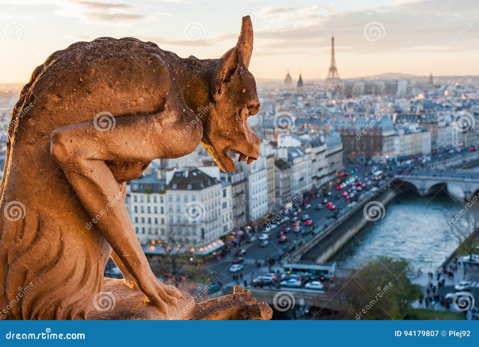 Gargoyle Watching Paris at Sunset Stock Image - Image of balcony ...