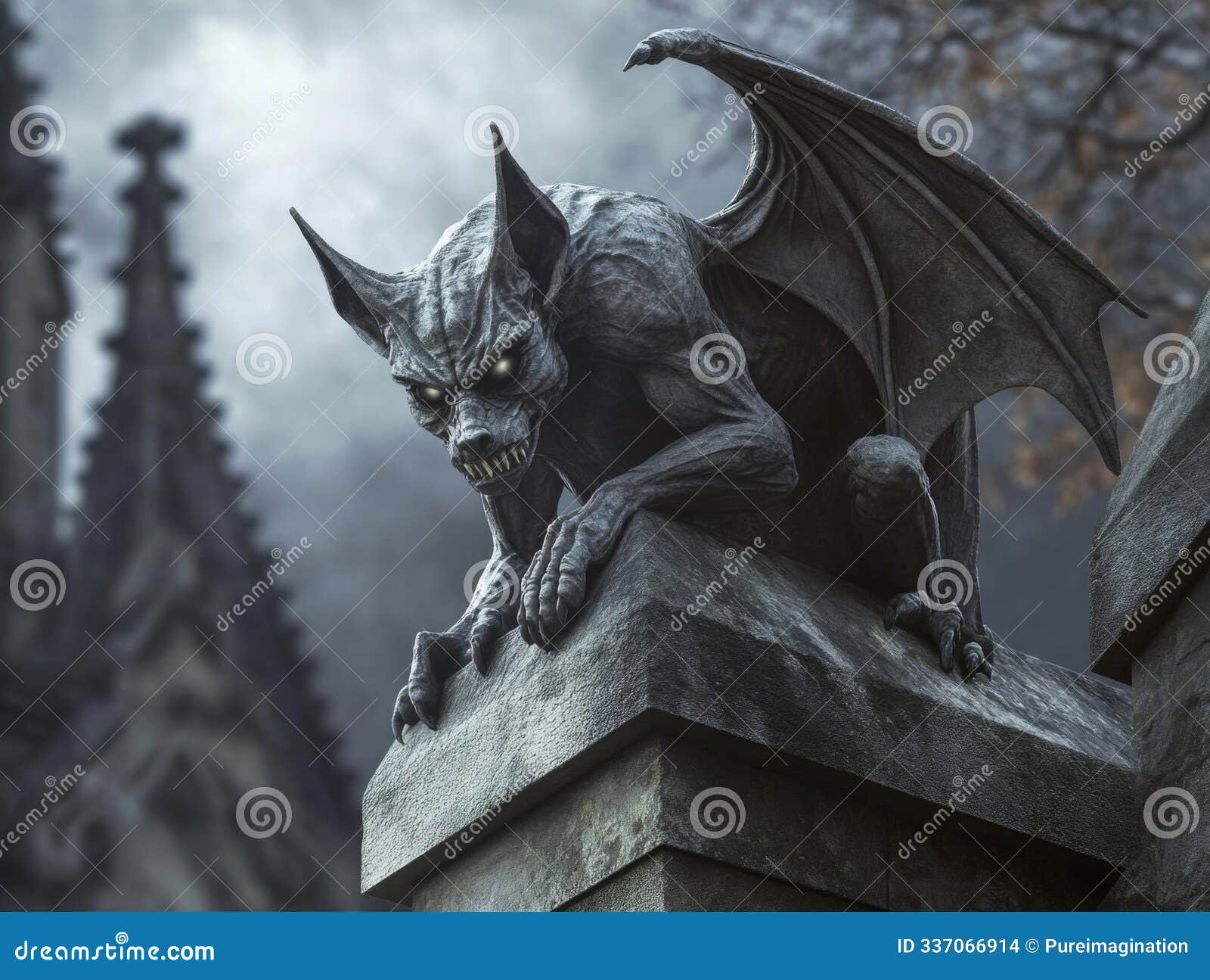 A Gargoyle with Wings Leans Forward on a Stone Ledge Stock Illustration ...