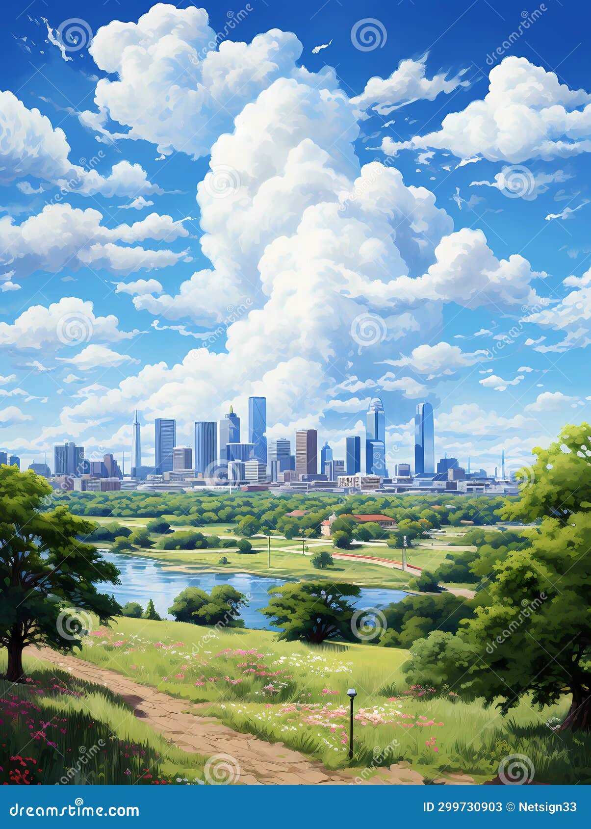 Garland Texas Skyline, a Landscape of a City with a River and Trees ...