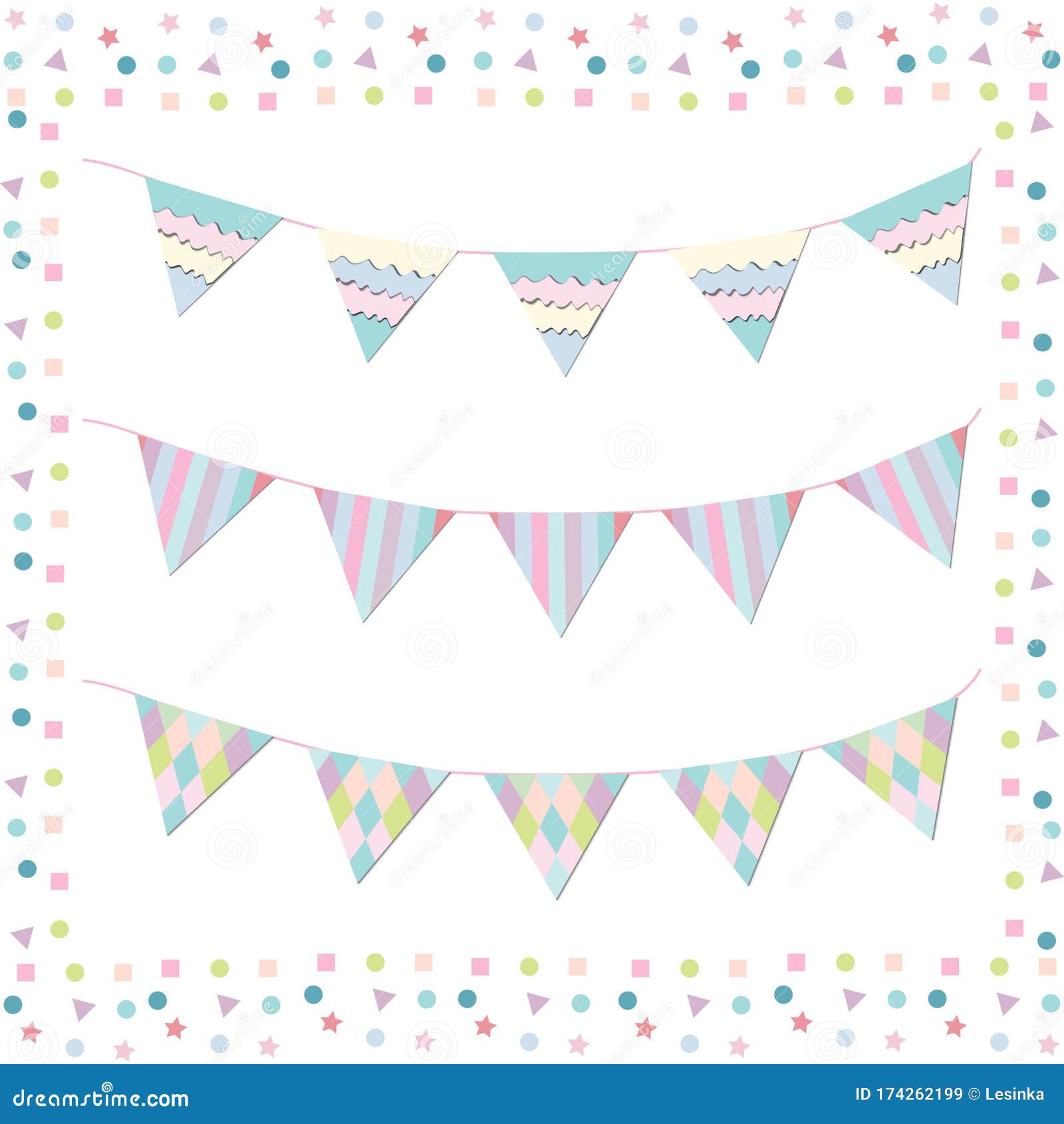 Garland Of Triangular Flags Hand Drawn Watercolor. Element For Decor ...