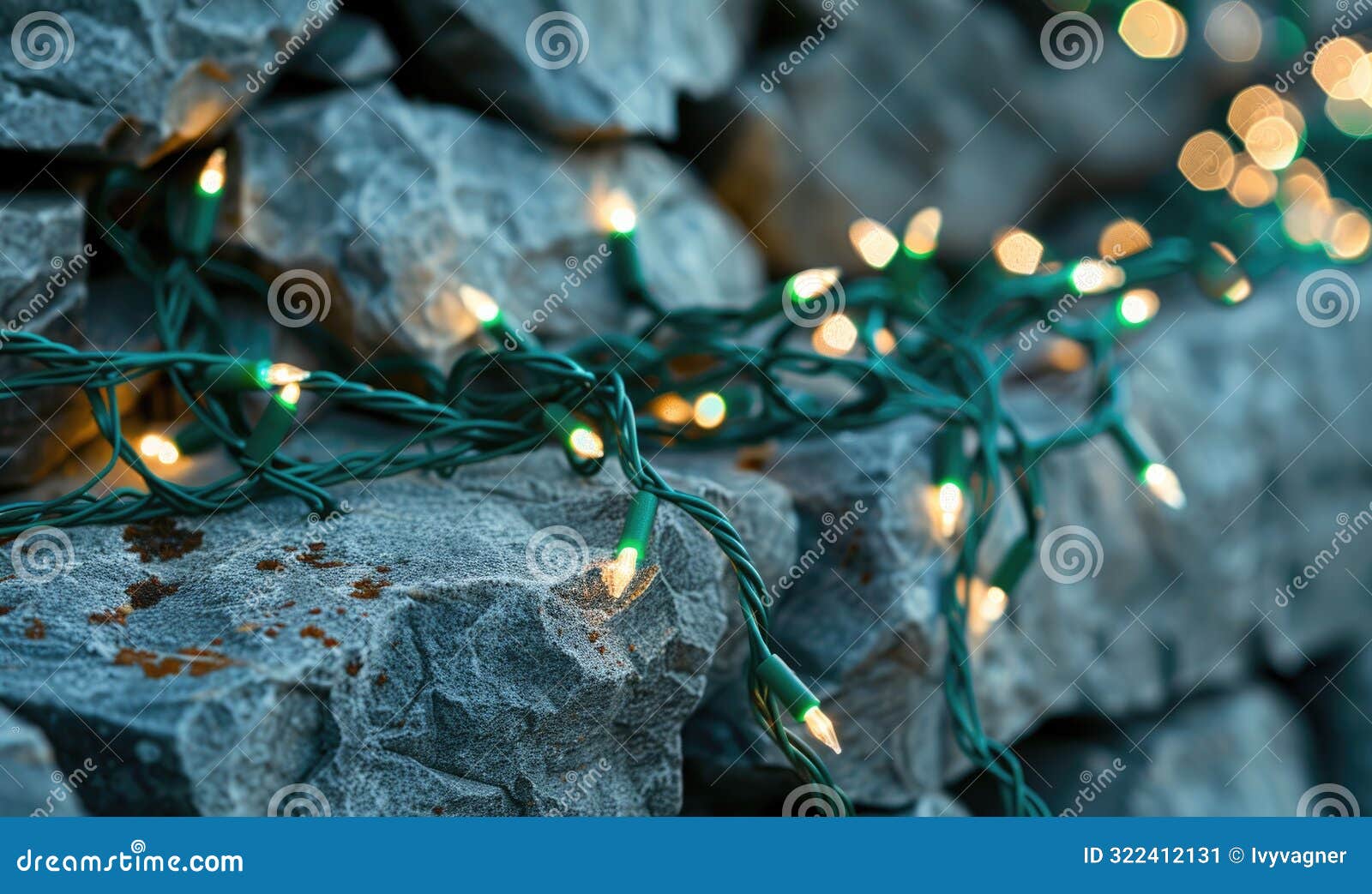 Garland of Warm and Cold Green Lights Framing the Frame, Rough Stone ...
