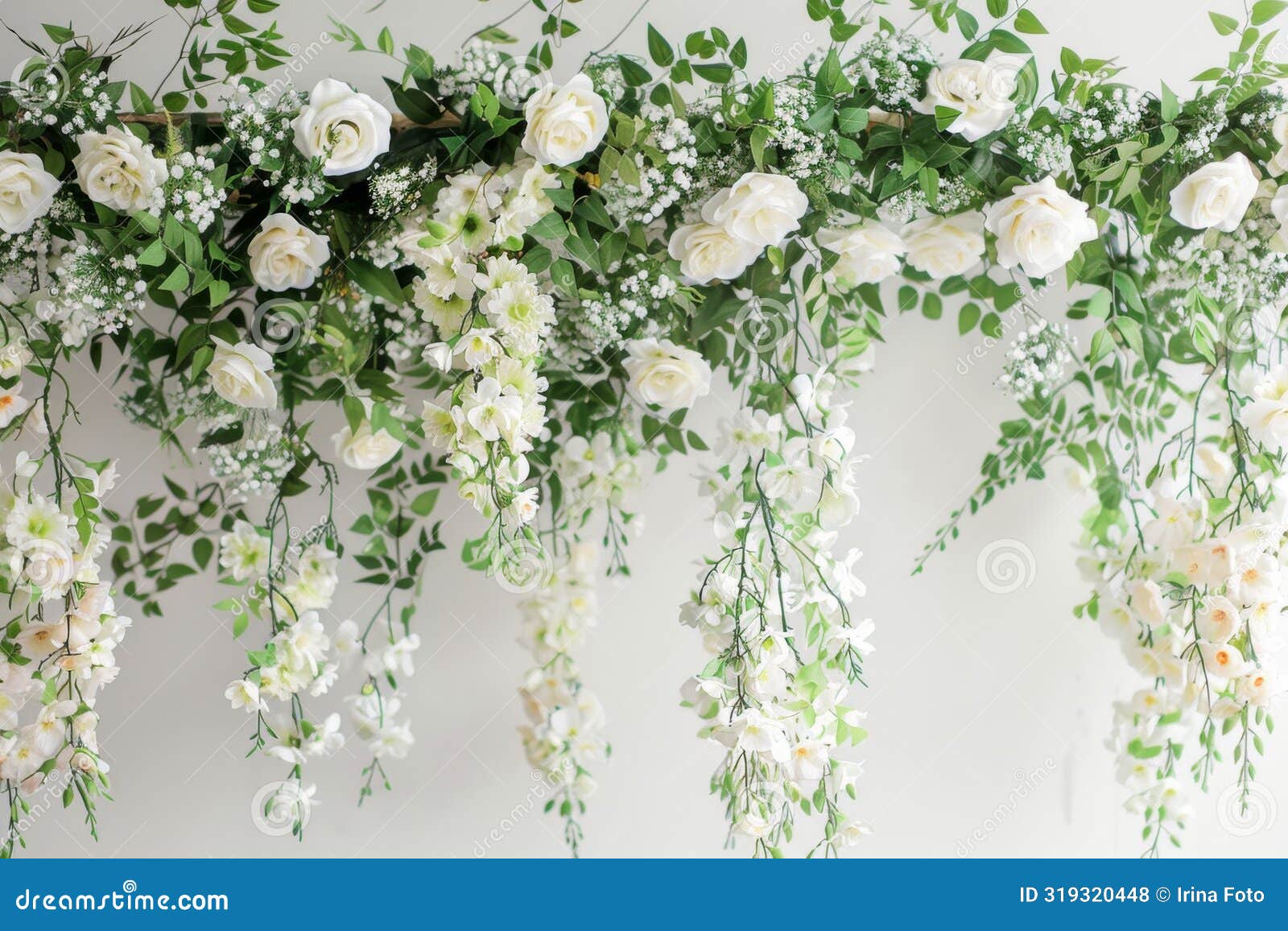 Garland of White Roses and Greenery on a Wall Stock Photo - Image of ...