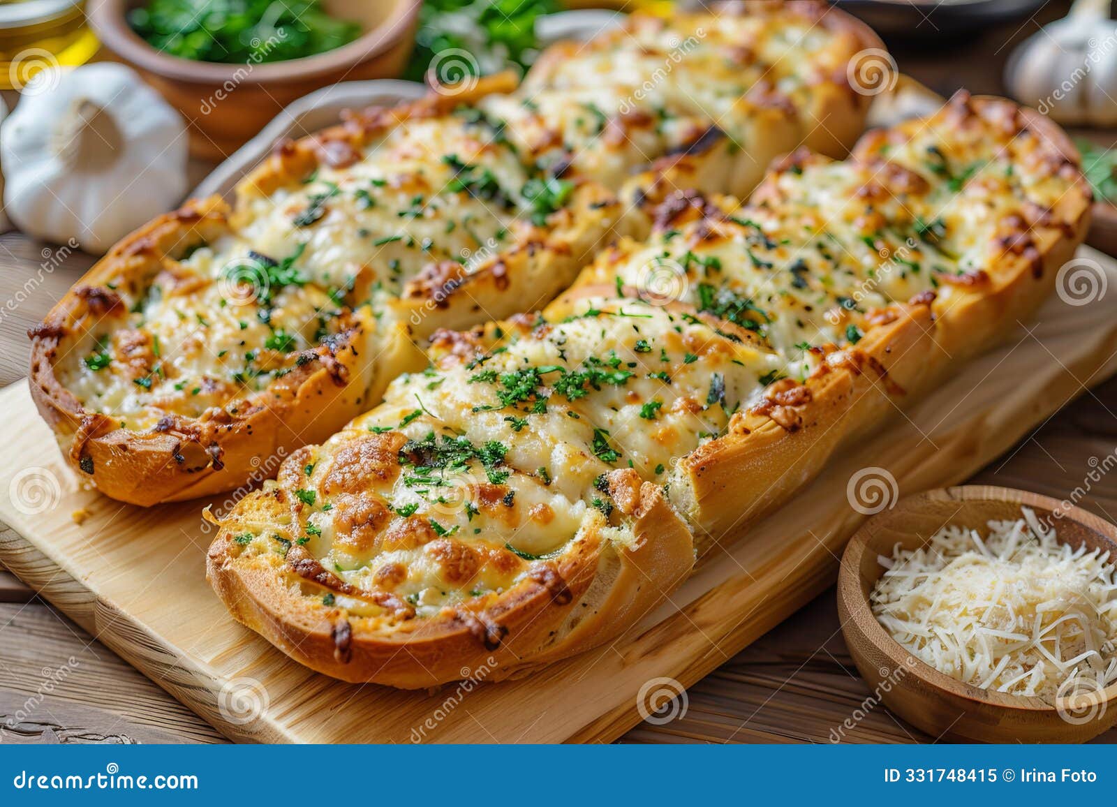 Garlic Bread with Melted Cheese and Herbs Stock Image - Image of baked ...