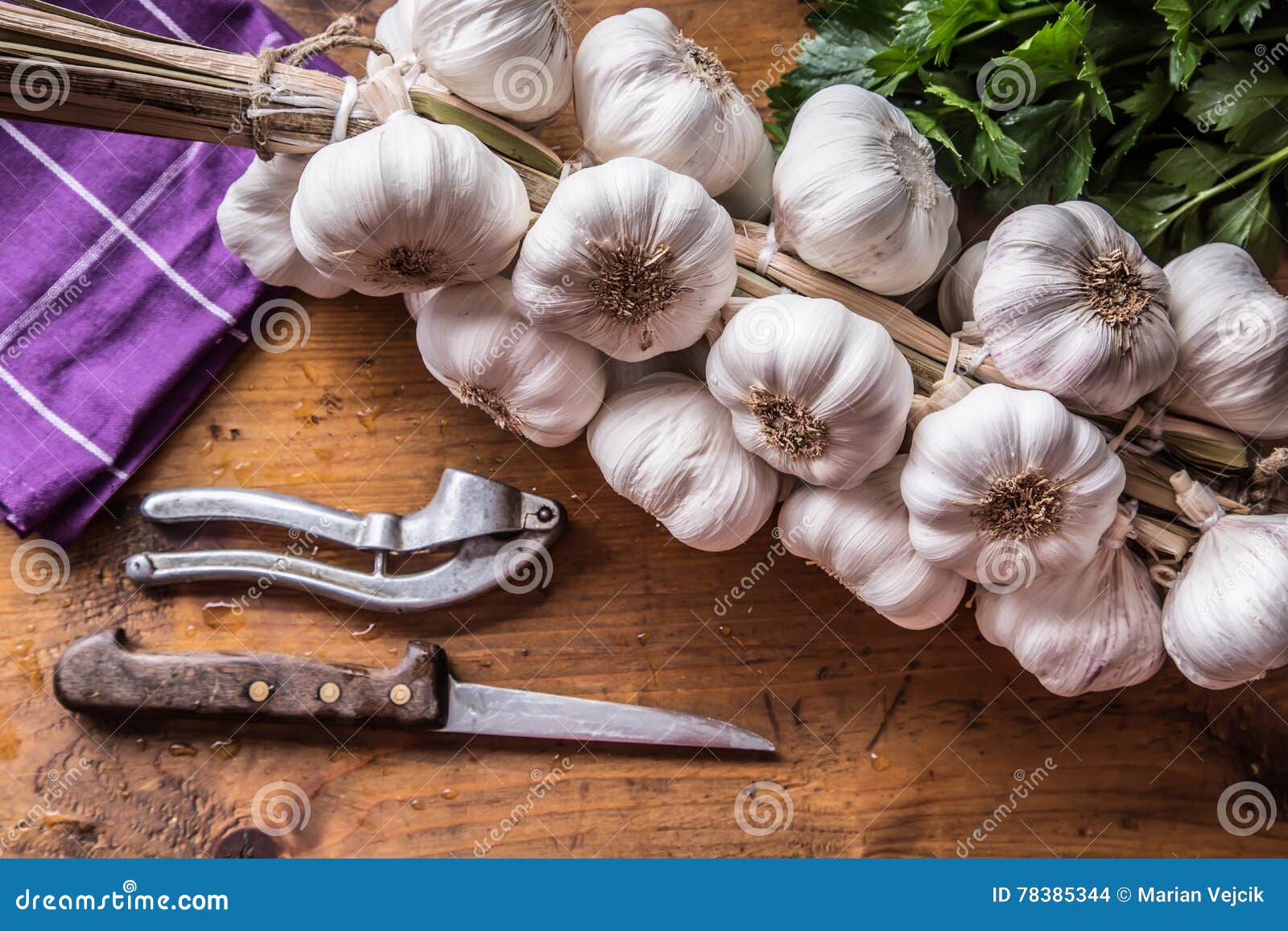 Garlic. Bunch of Fresh Garlic with Celery Herbs Stock Photo - Image of ...