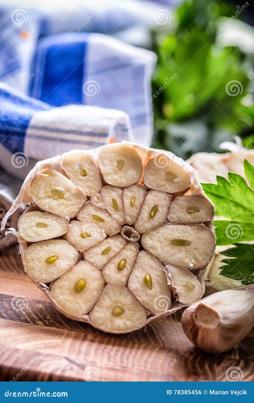 Garlic. Bunch of Fresh Garlic with Celery Herbs Stock Photo - Image of ...