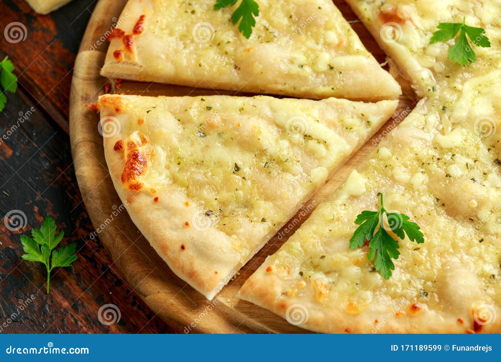 Garlic Cheese Pizza on Wooden Board with Herbs. Stock Image - Image of ...