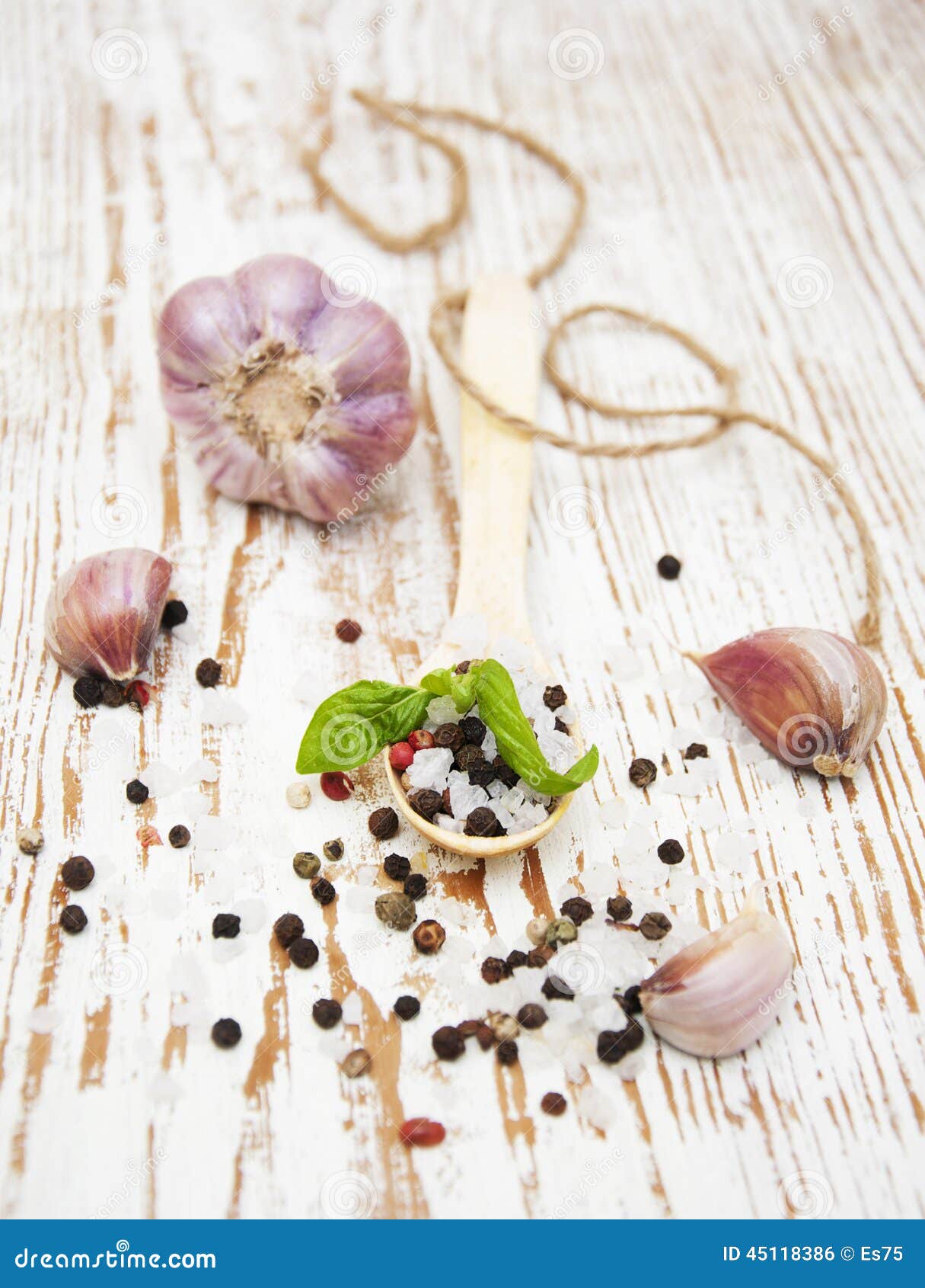 Garlic, pepper and salt stock photo. Image of basil, close - 45118386