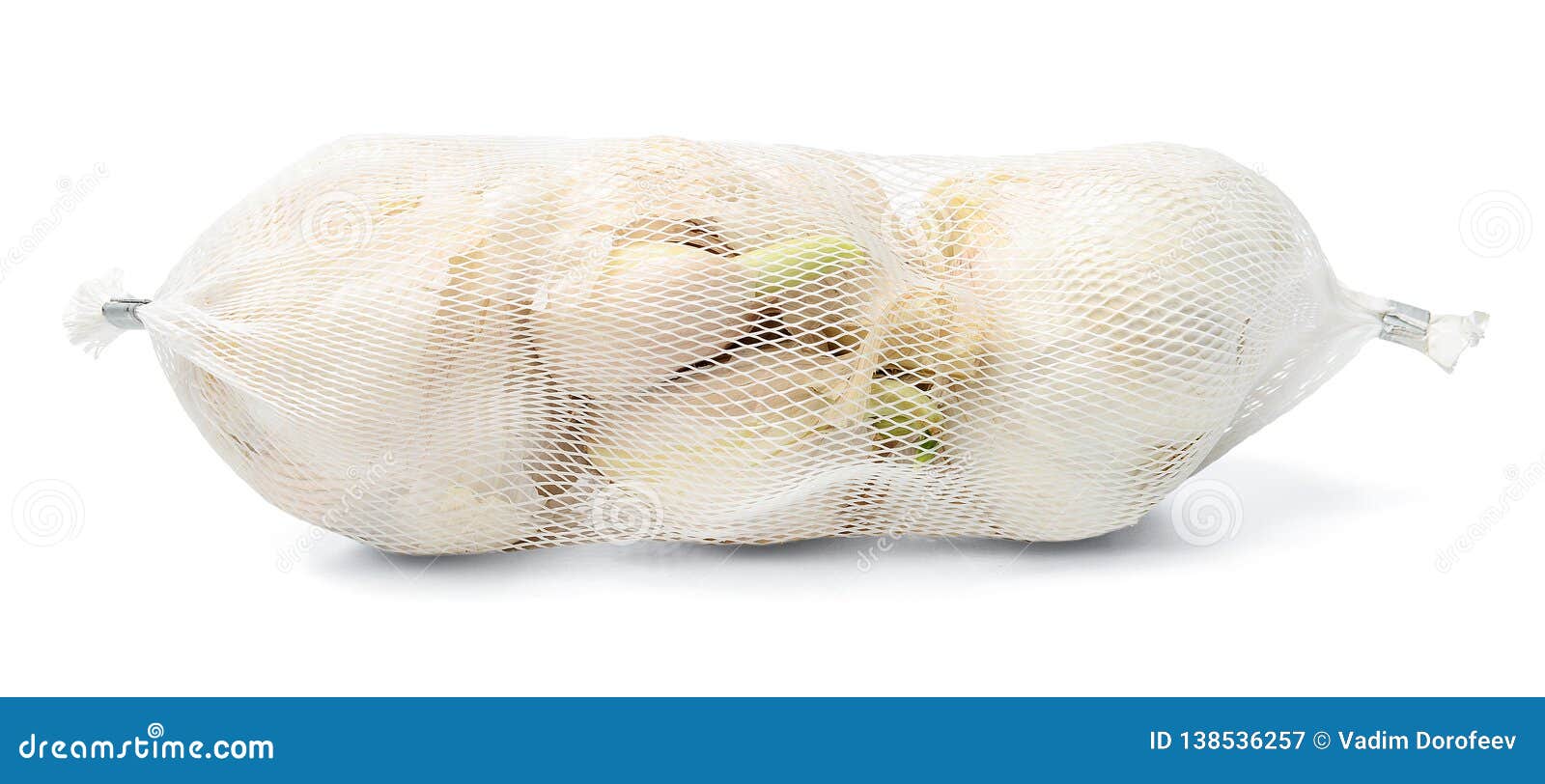 Garlic in Plastic Net Packaging on a White Isolated Background. Stock ...