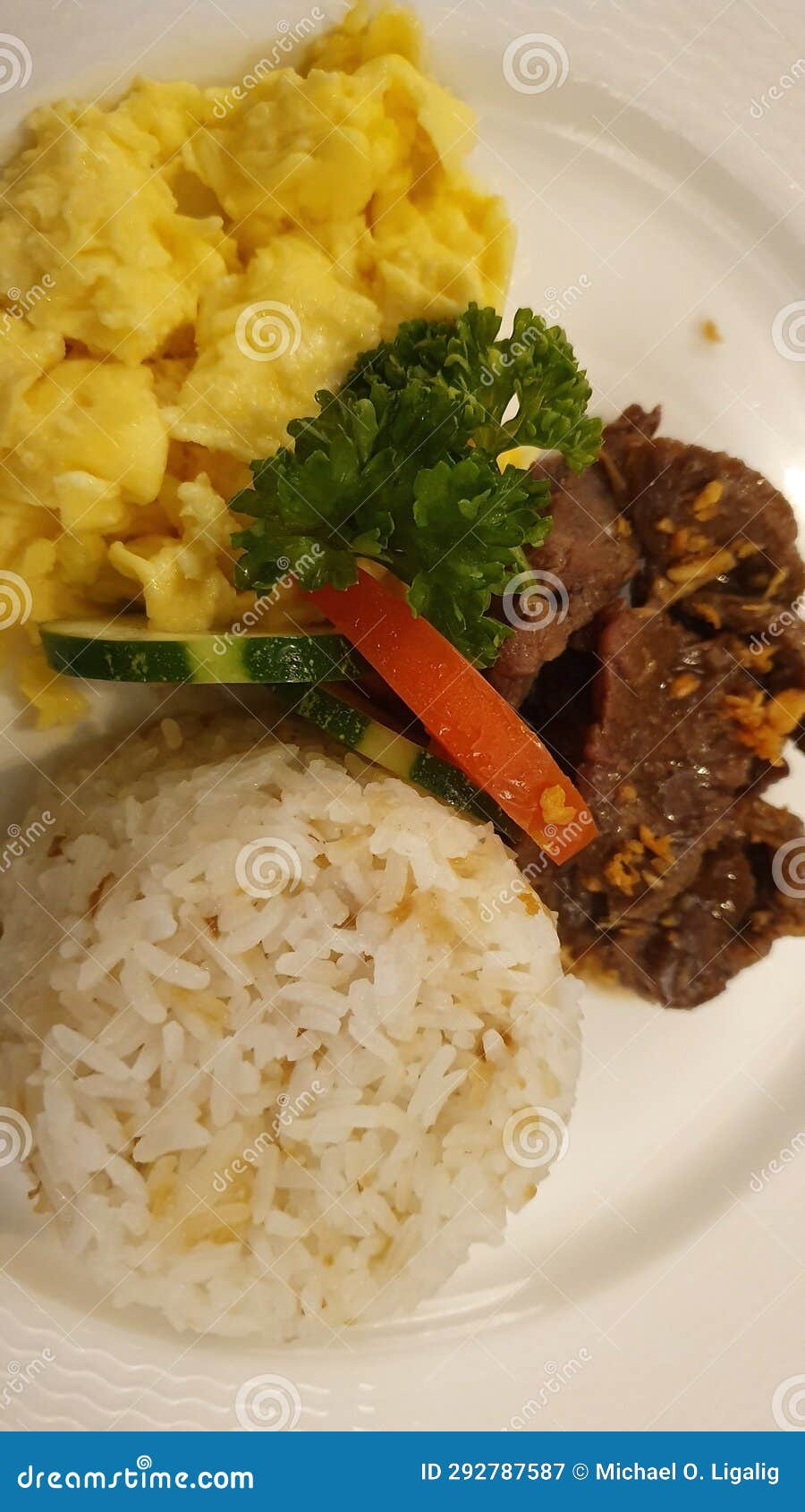 Garlic Rice with Scrambled Egg and Beef Adobo Stock Image - Image of ...