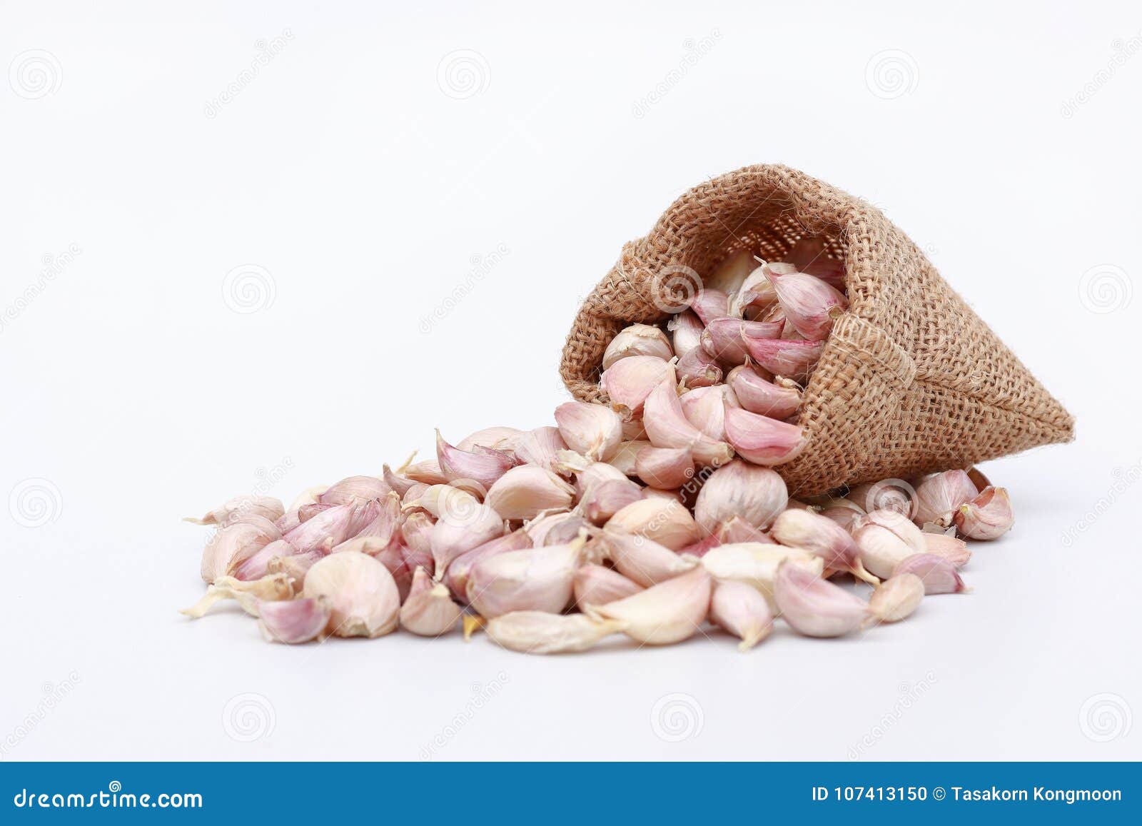 Garlic in Sack Bag Isolated on White Stock Photo - Image of backdrop ...