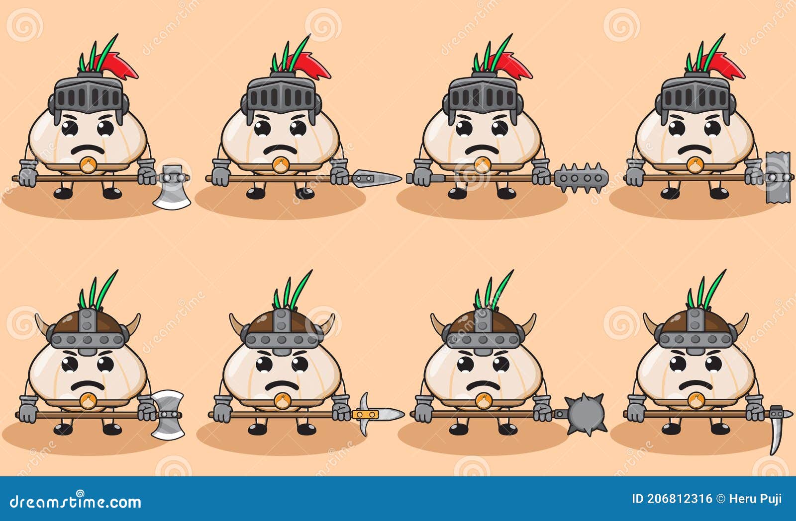 Cartoon Garlic Knight Two Handed Weapons and Hand Down Pose Set. Stock ...