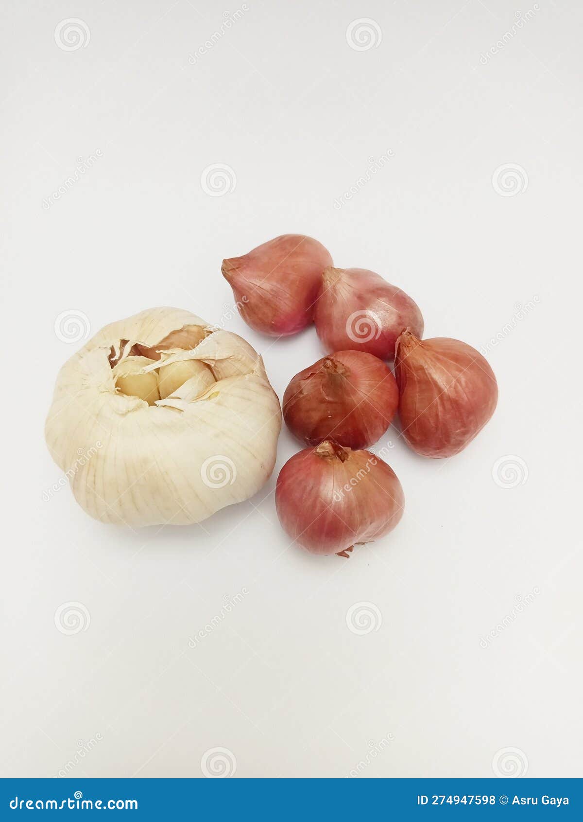 Garlic and Shallot on Isolated White Background, One Bulb of Garlic and ...