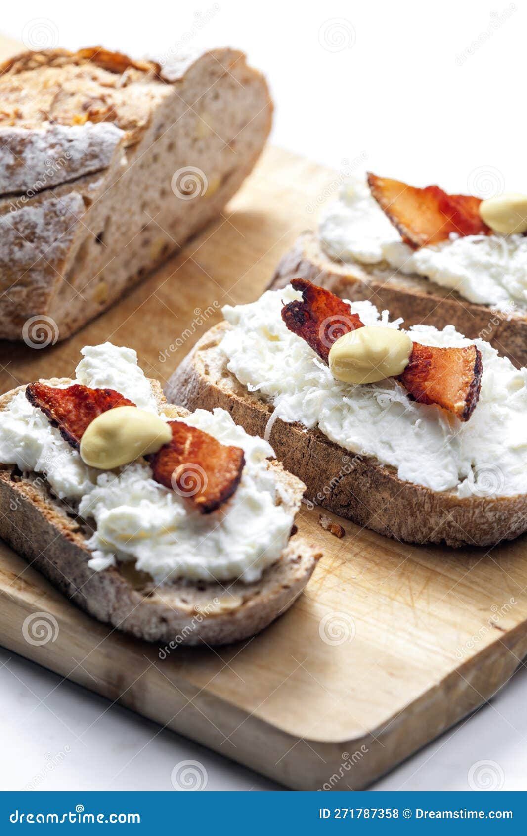 Garlic Spread on Slice of Bread Served with Bacon, Grated Cheese and ...