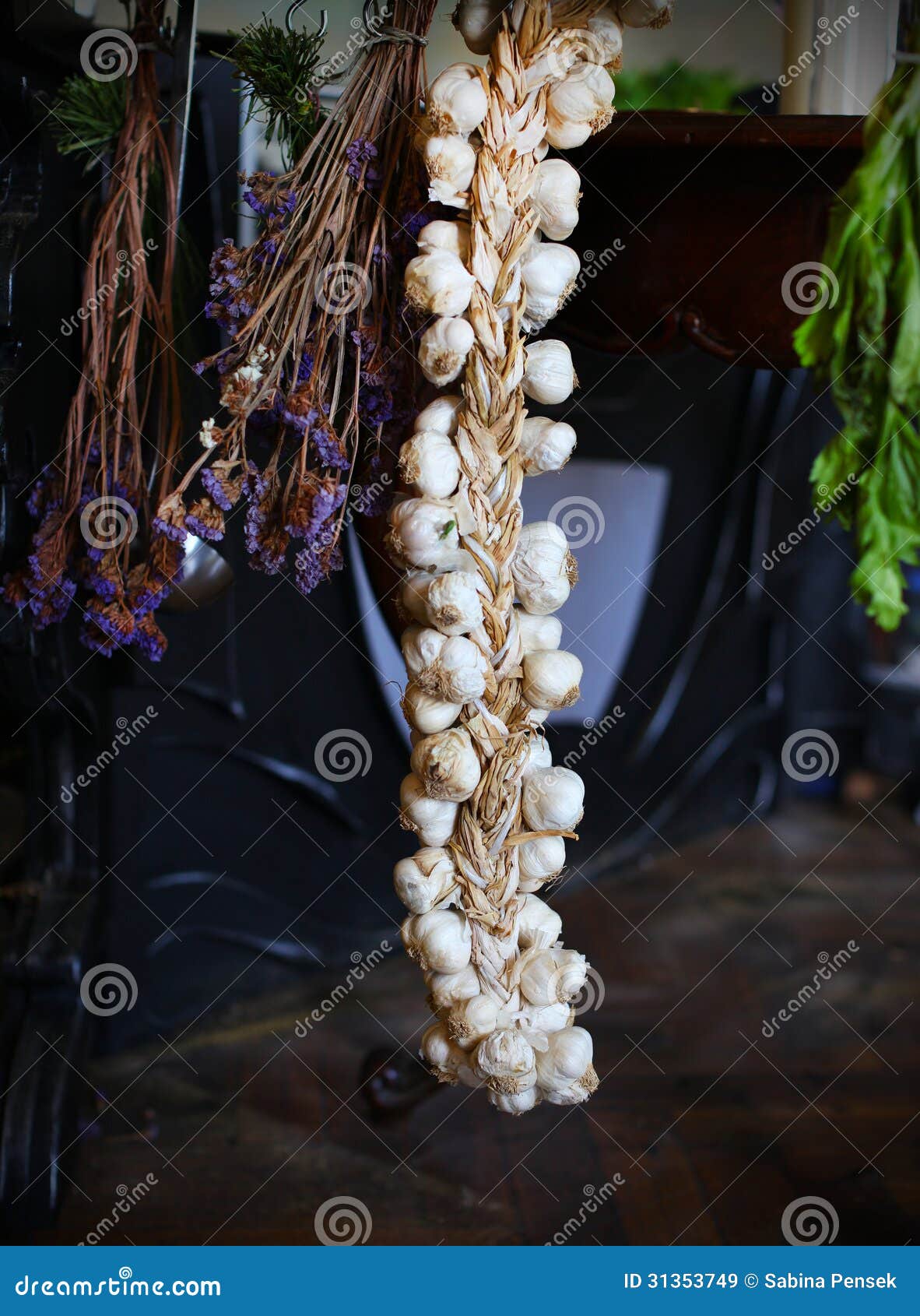 Garlic String with Dried Herbs and Fresh Vegetables in Pantry Stock ...