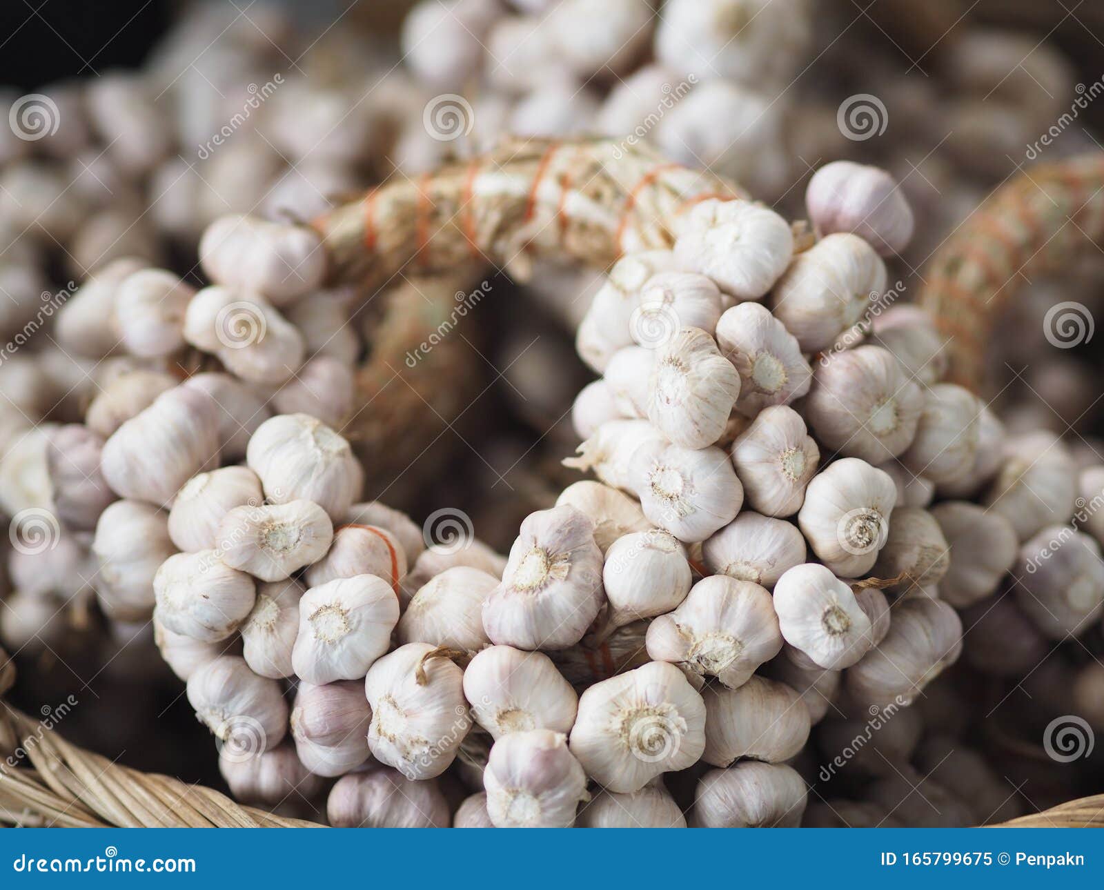 Garlic Tied Together in a Bunch, Placed in a Woven Basket Stock Image ...