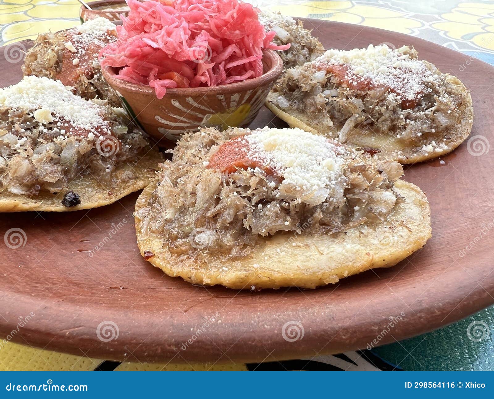 Garnachas Appetizer Served on Clay Plate. Crispy Corn Tortilla Served ...