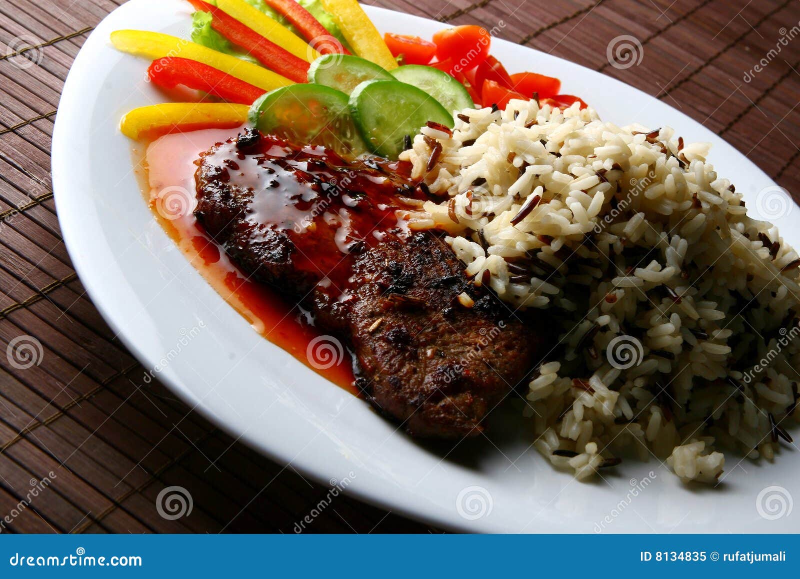 Garnish with Fried Meat and Rice Stock Image - Image of grill, cucumber ...