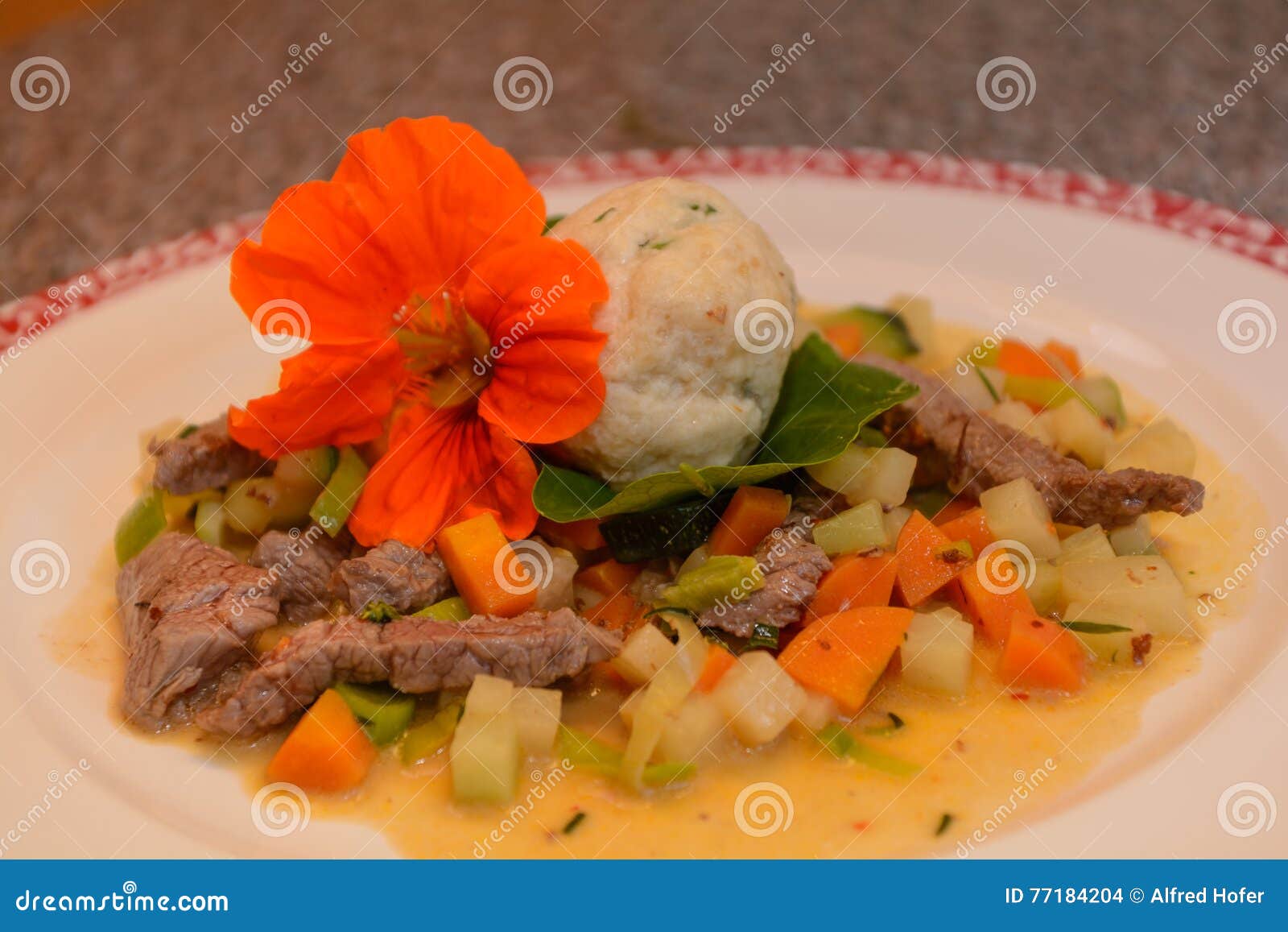 Garnished Beef with Dumpling and Vegetables Stock Photo - Image of ...