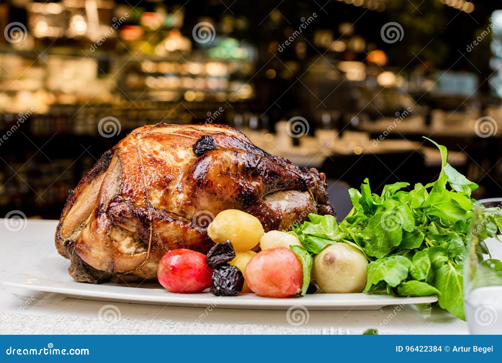 Garnished Roasted Turkey on Platter on Marble Surface Stock Photo ...