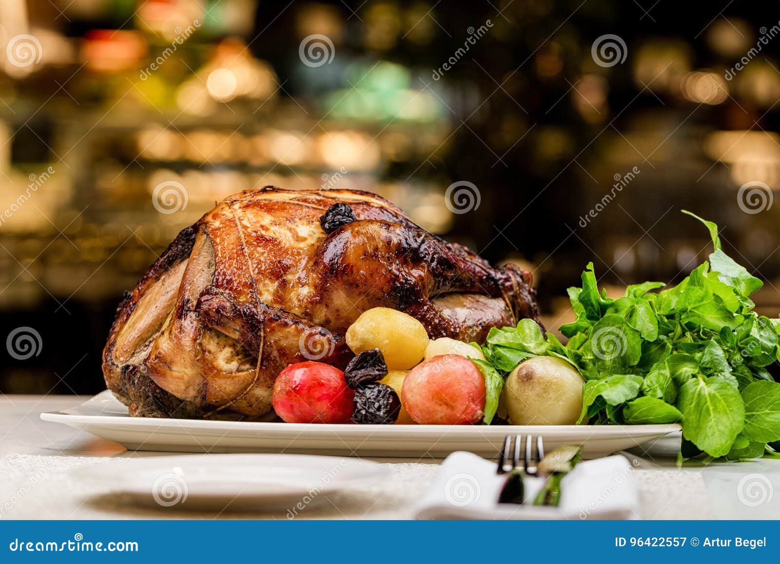 Garnished Roasted Turkey on Platter on Marble Surface Stock Image ...