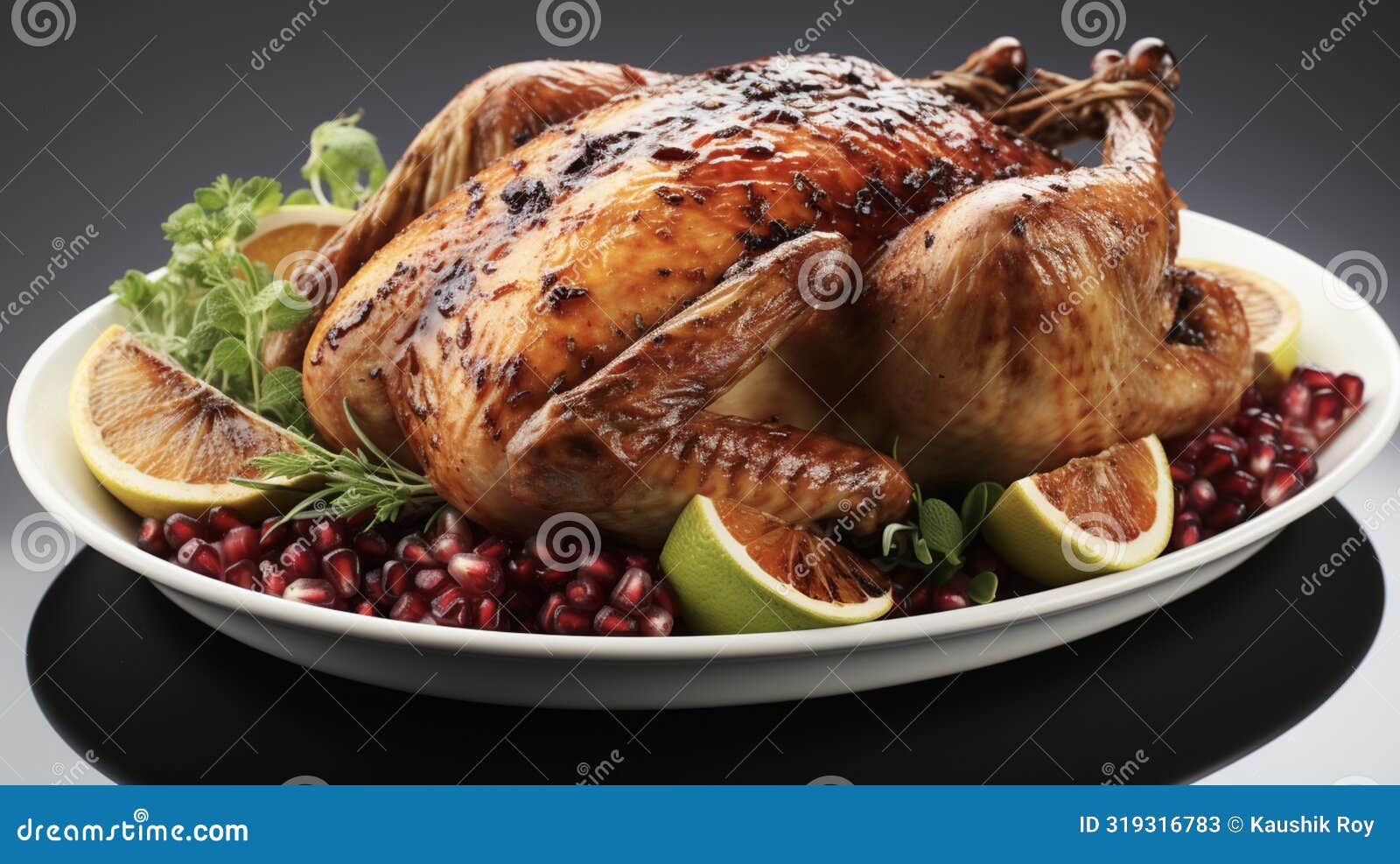 Garnished Traditional Roasted Turkey With Fresh Figs, Pomegranate, And ...