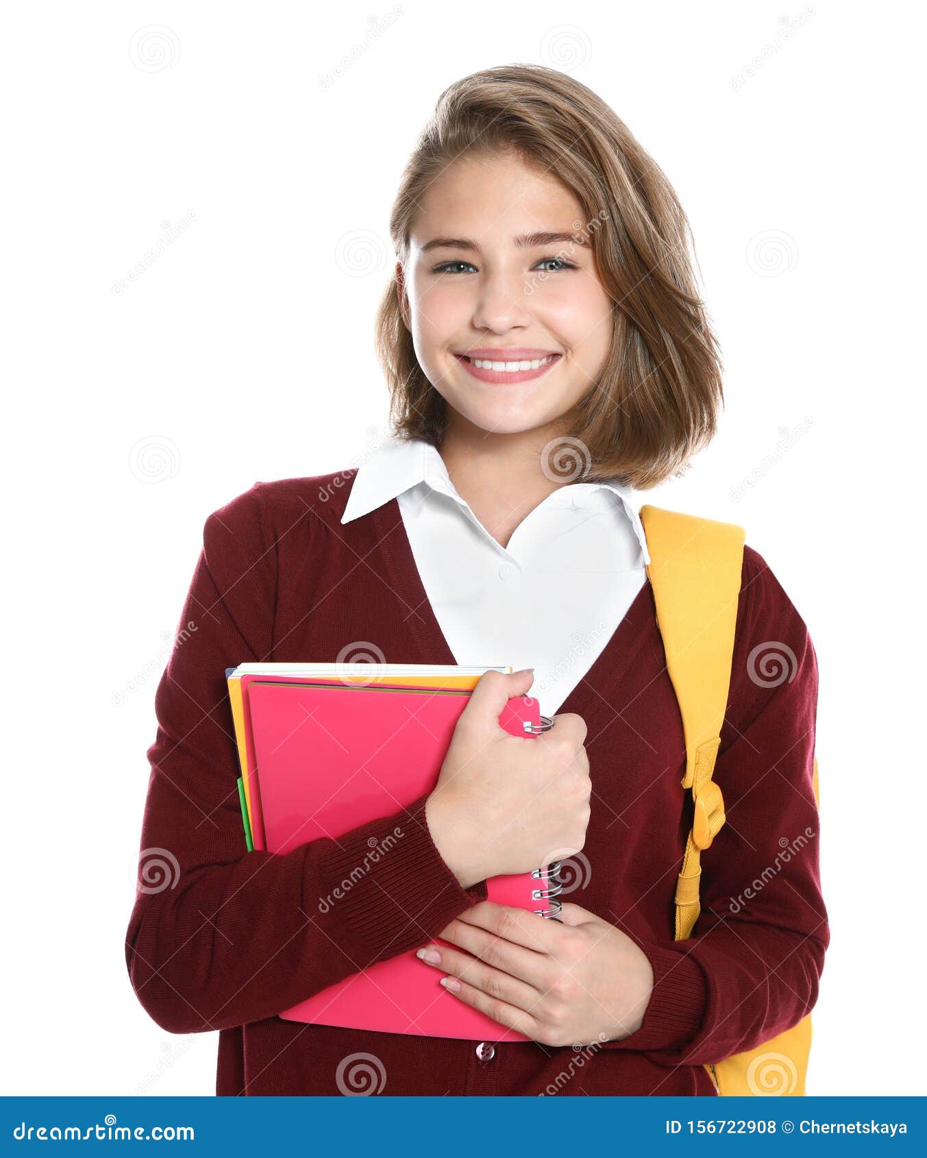 Garota Feliz Na Escola De Uniforme Em Branco Foto De Stock Imagem De