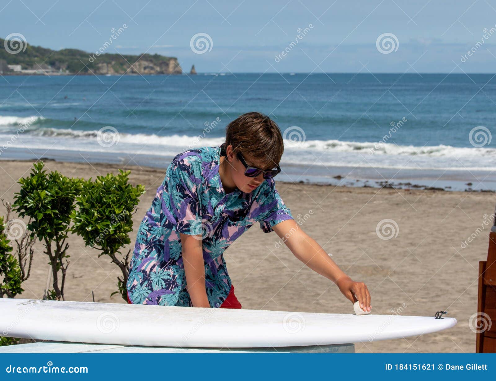 Garoto Asiático Lavando Um Prato De Surfe Na Praia Imagem De Stock