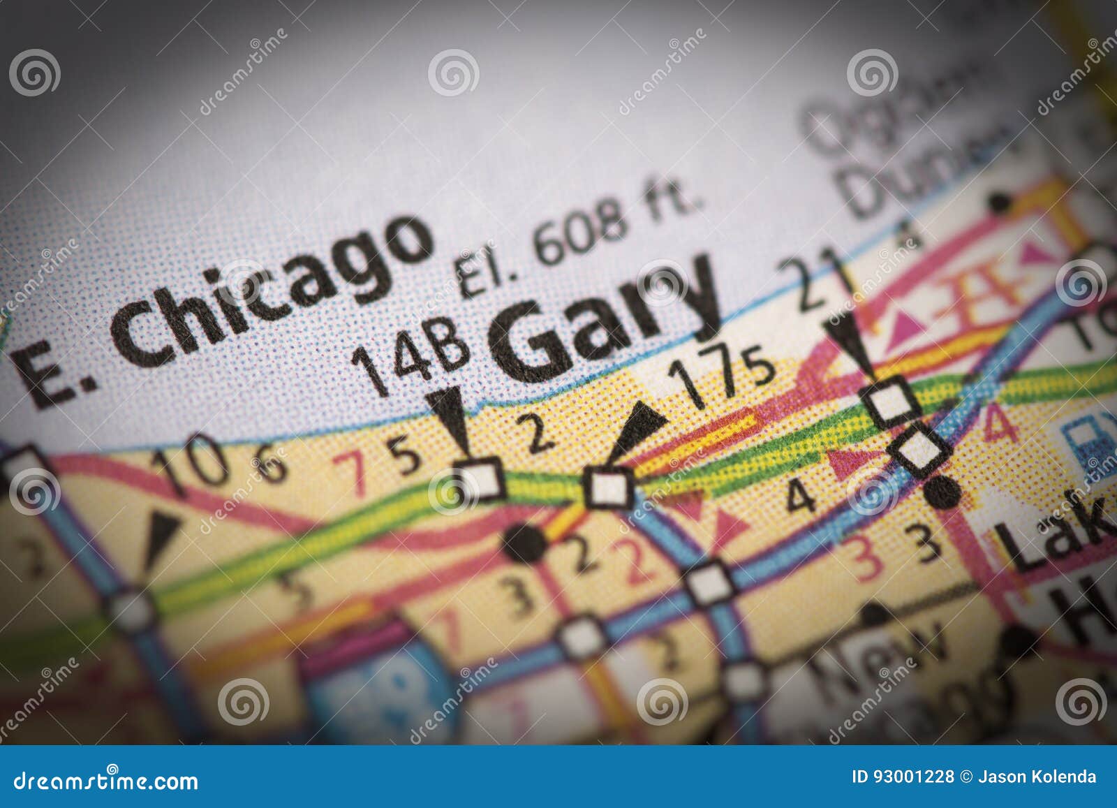 Gary, Indiana en mapa foto de archivo. Imagen de atlas - 93001228