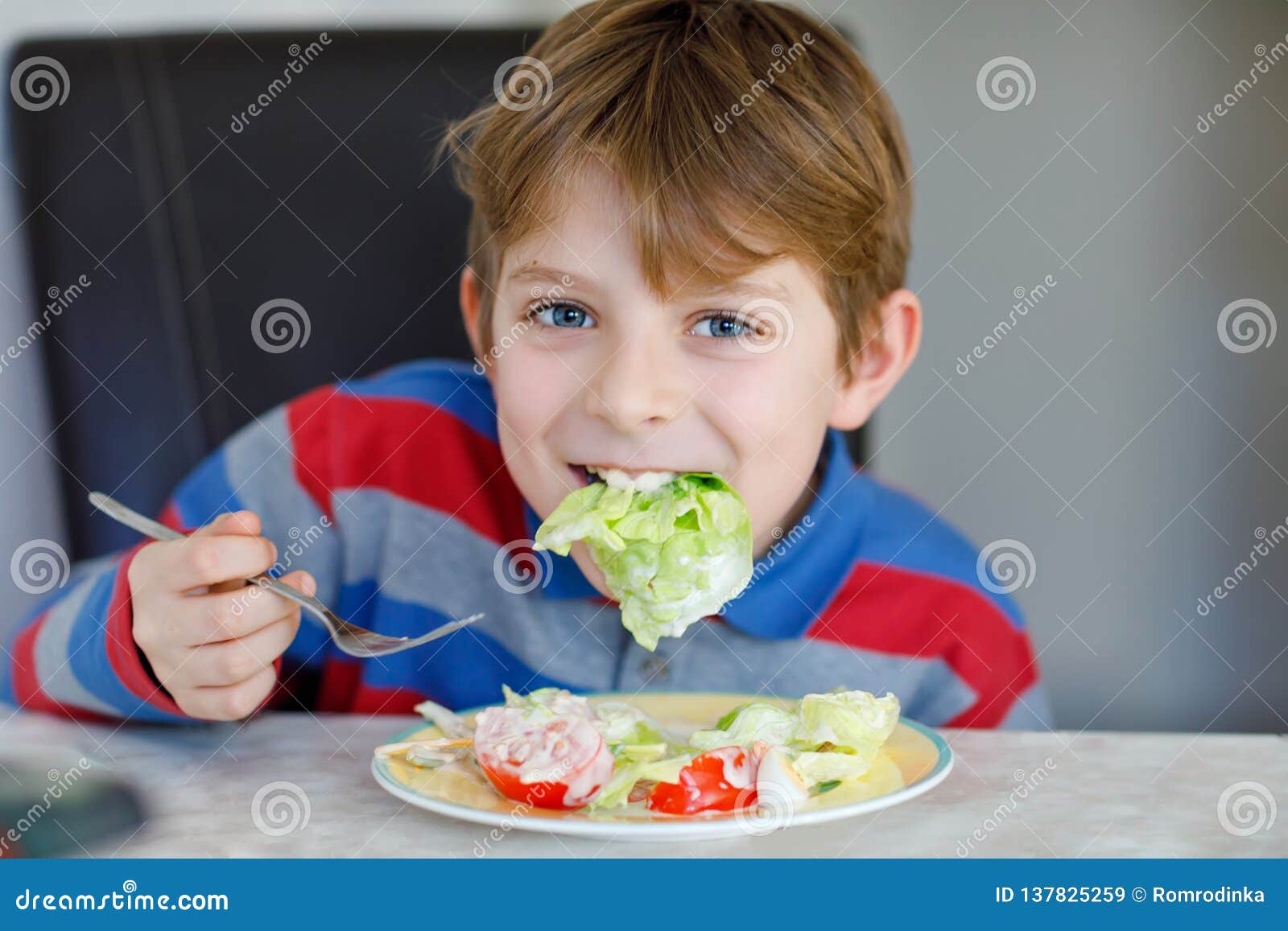 Garçon Heureux Denfant Mangeant De La Salade Fraîche Avec La Tomate