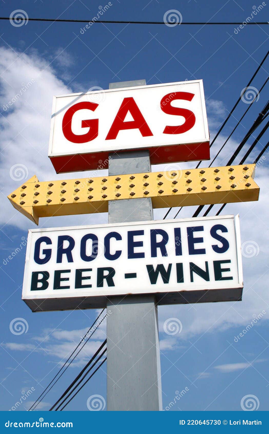 Gas, Beer and Grocery Sign with Blue Sky and Clouds in Background Stock ...