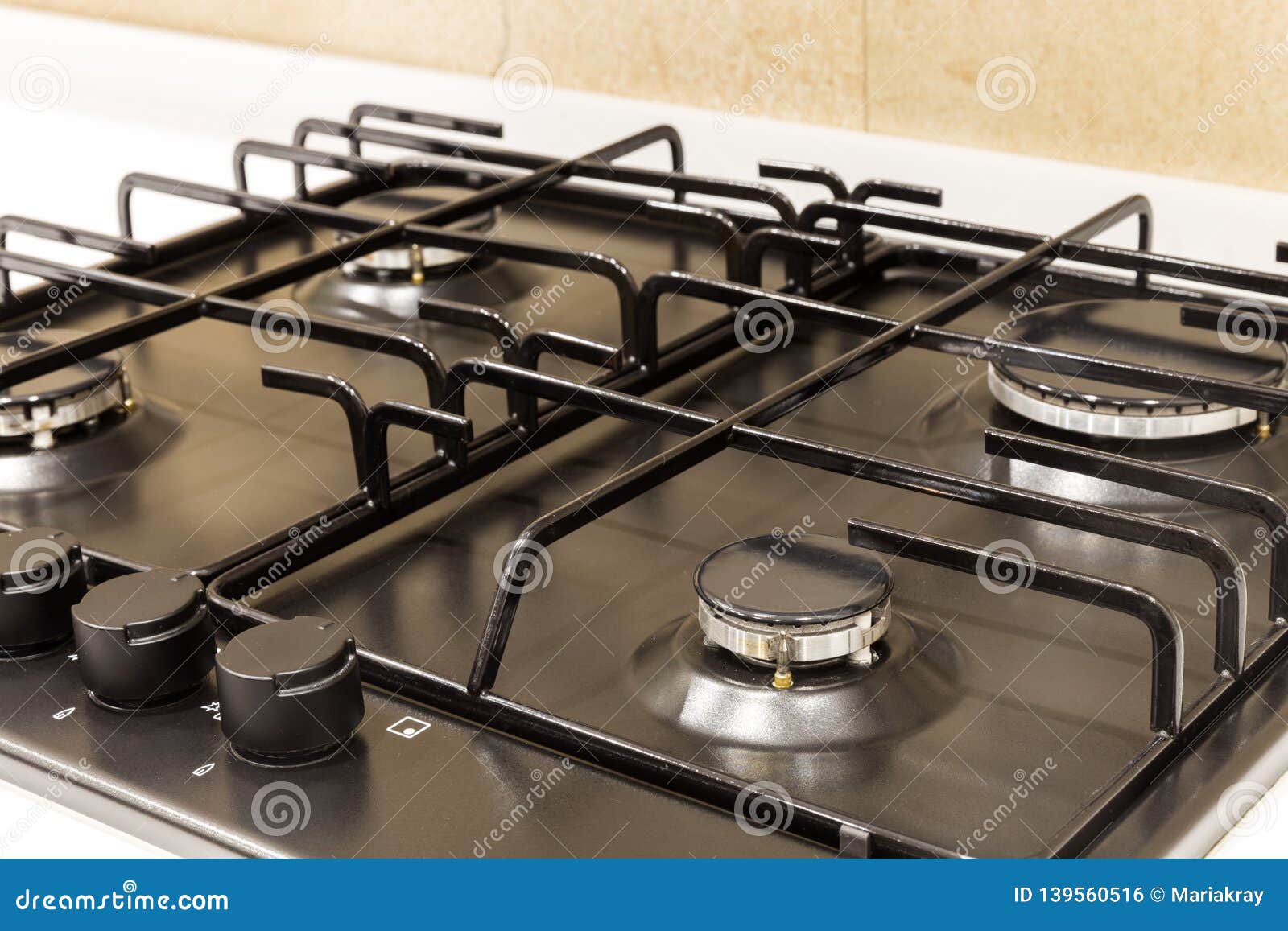 Gas Burner on Black Modern Kitchen Stove Stock Photo - Image of ...