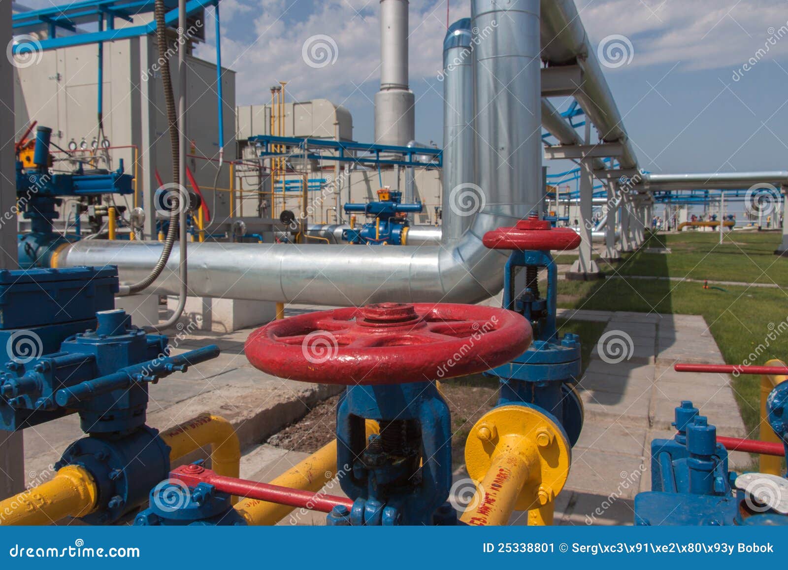 Red Handle Gate Valve with Steel Pipe on Gas Compressor Station Stock ...
