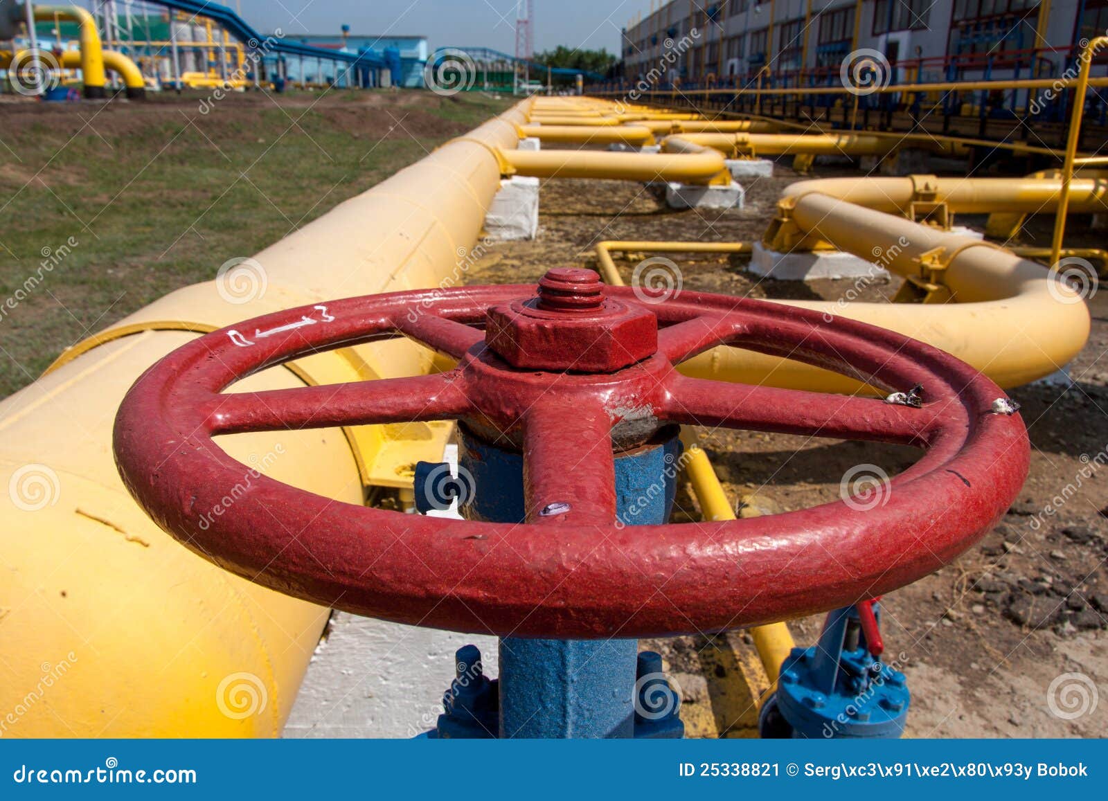 Red Handle Gate Valve with Steel Pipe on Gas Compressor Station Stock ...