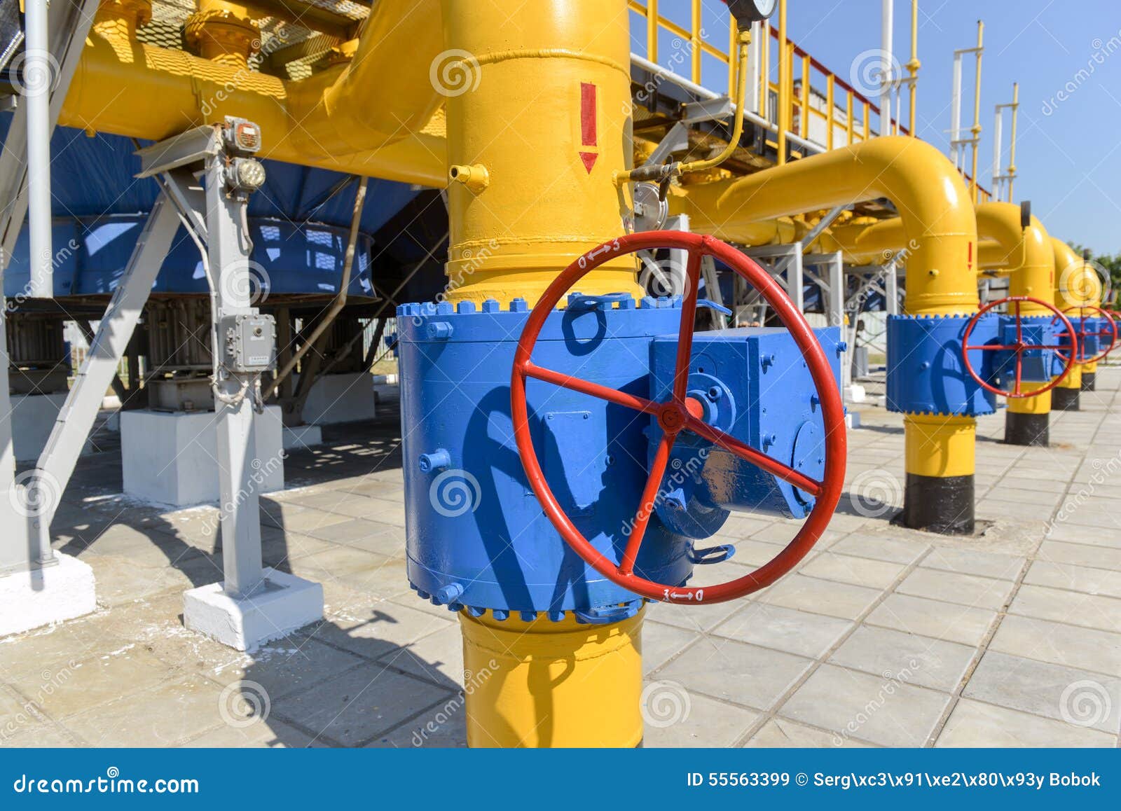 Red Handle Gate Valve with Steel Pipe on Gas Compressor Station Stock ...