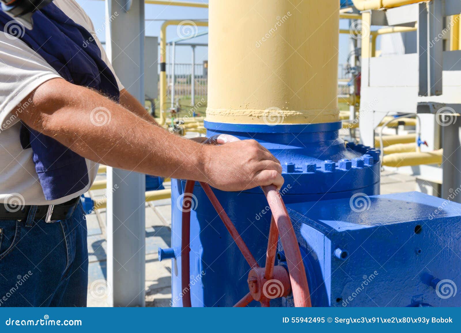 Red Handle Gate Valve with Steel Pipe on Gas Compressor Station Stock ...