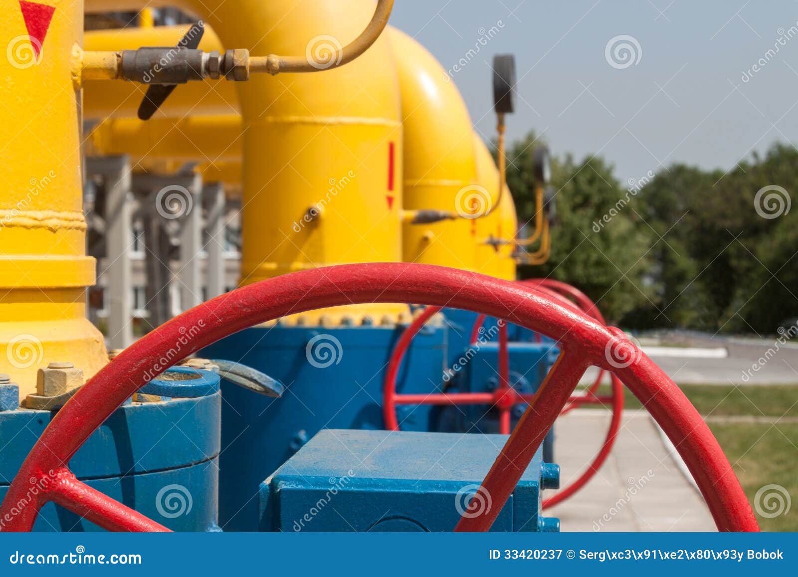 Red Handle Gate Valve with Steel Pipe on Gas Compressor Station Stock ...