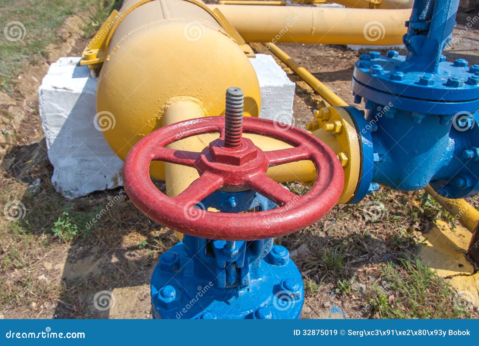 Red Handle Gate Valve with Steel Pipe on Gas Compressor Station Stock ...