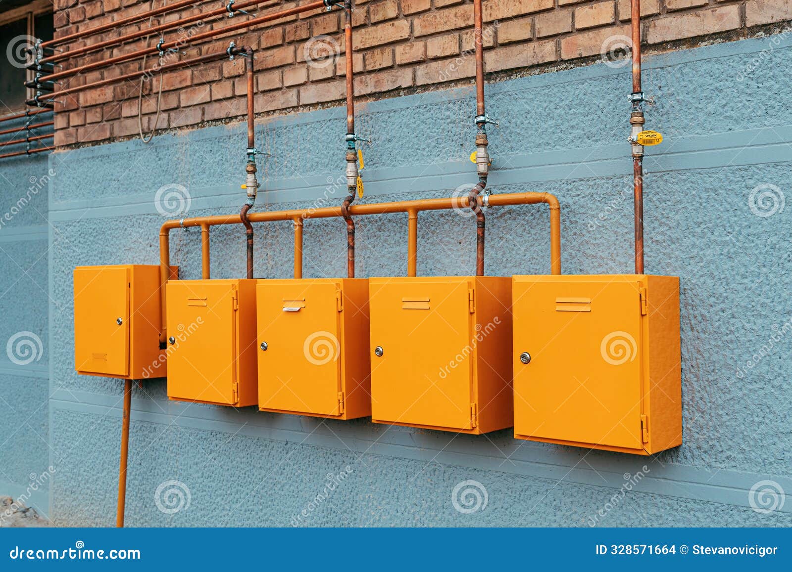 Gas Consumption Meter Yellow Boxes on Building Exterior Wall Stock ...