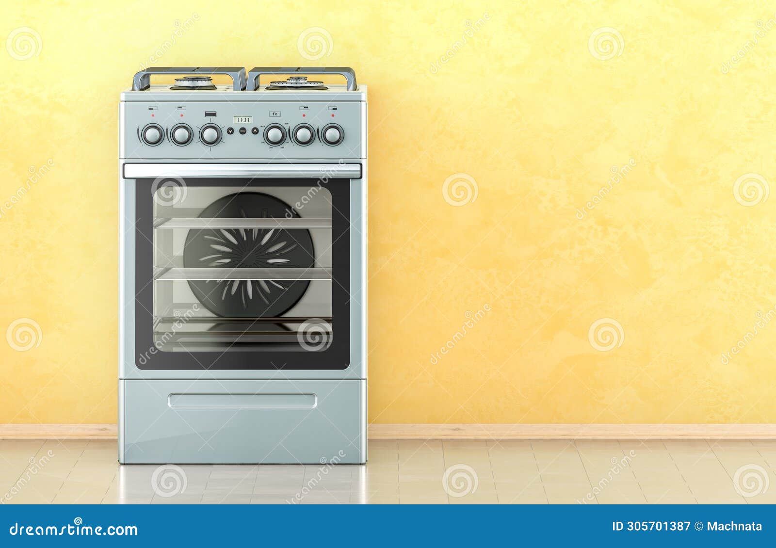 Gas Cooker in Room Near the Wall, Front View. 3D Rendering Stock ...