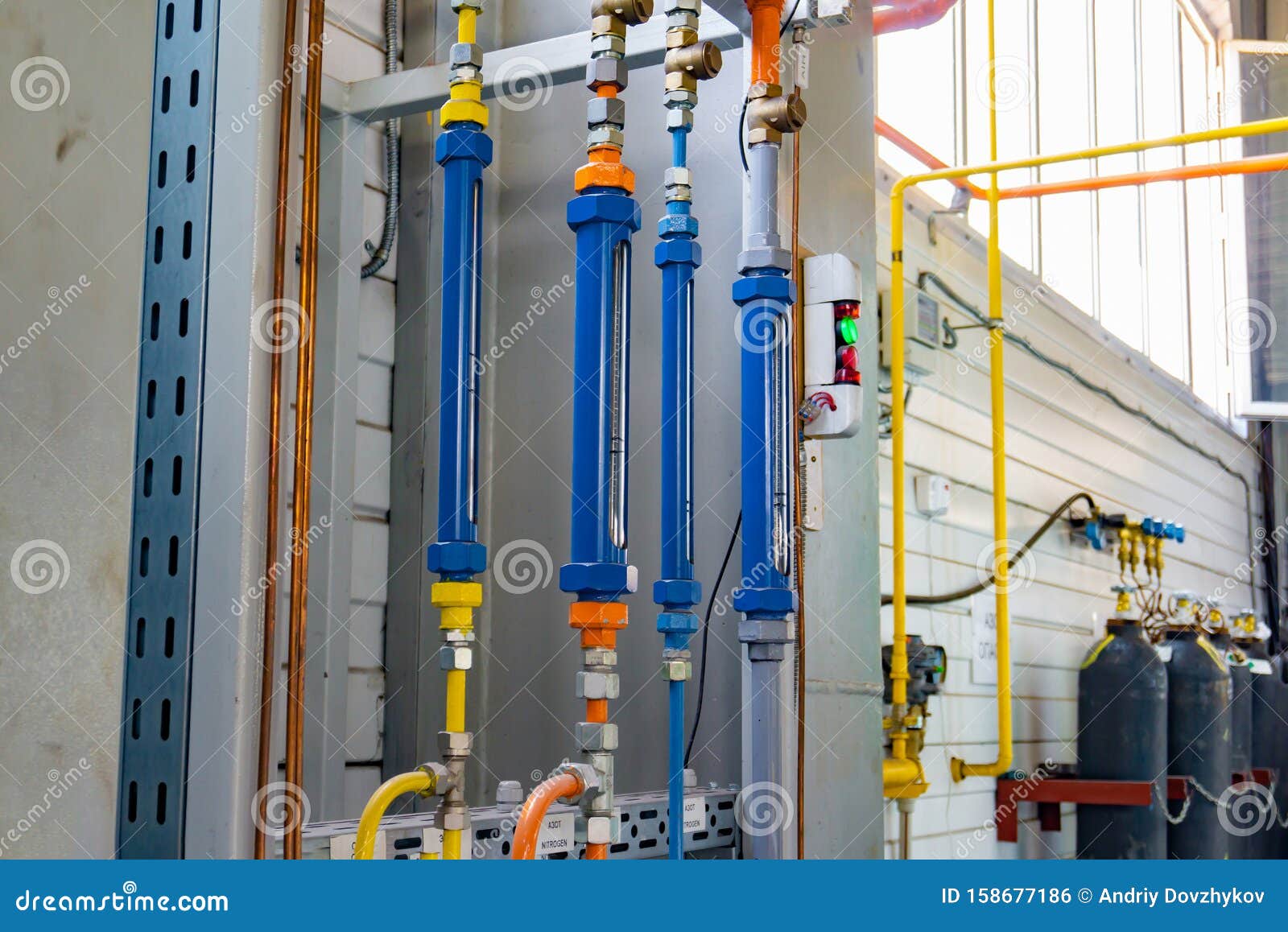 Gas Industry, Oxygen Cylinders and Pipes with Valves Stock Photo ...