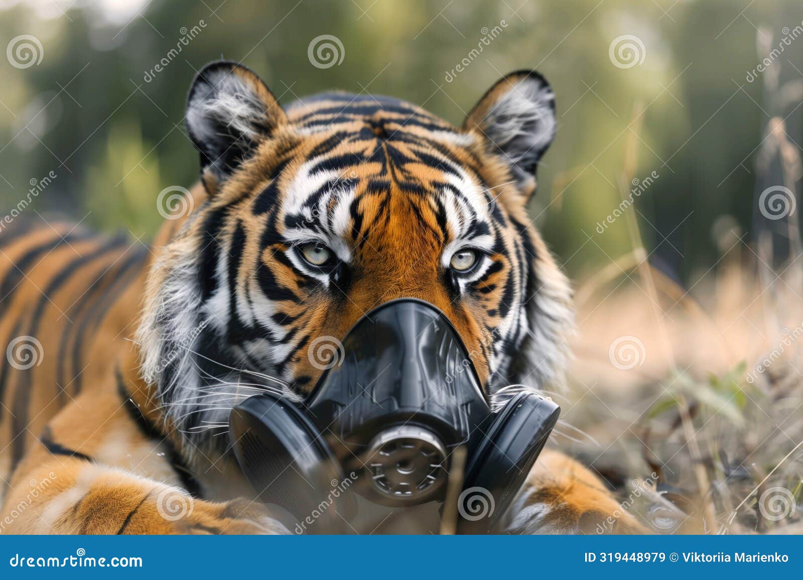 Gas-masked Tiger in the Forest, Symbolizing the Problem of Pollution ...