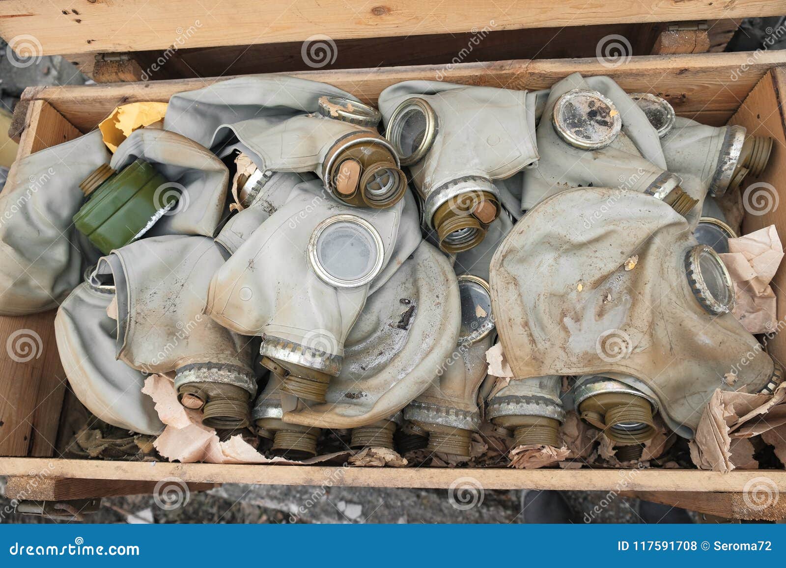 Gas masks in a box stock photo. Image of department - 117591708